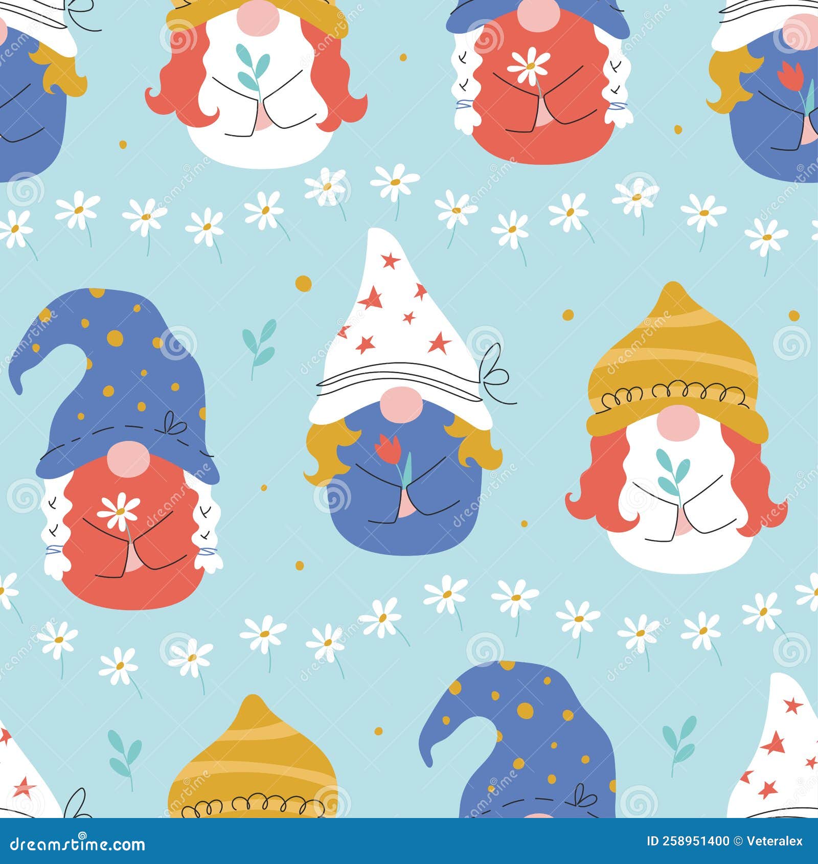 Seamless Vector Pattern with Cute Hand-drawn Dwarf Cartoon Female ...