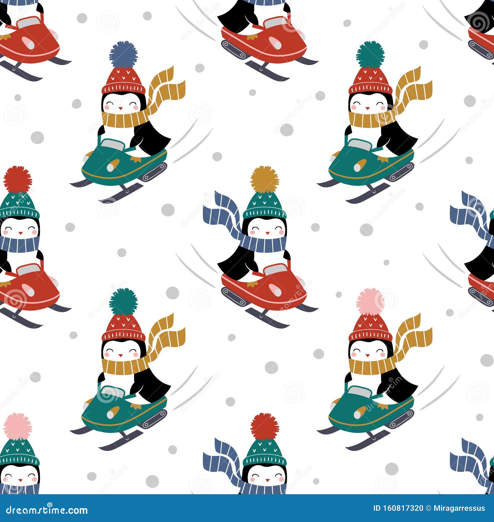 Seamless Vector Pattern with Cute Penguins on Snowmobile. Stock ...