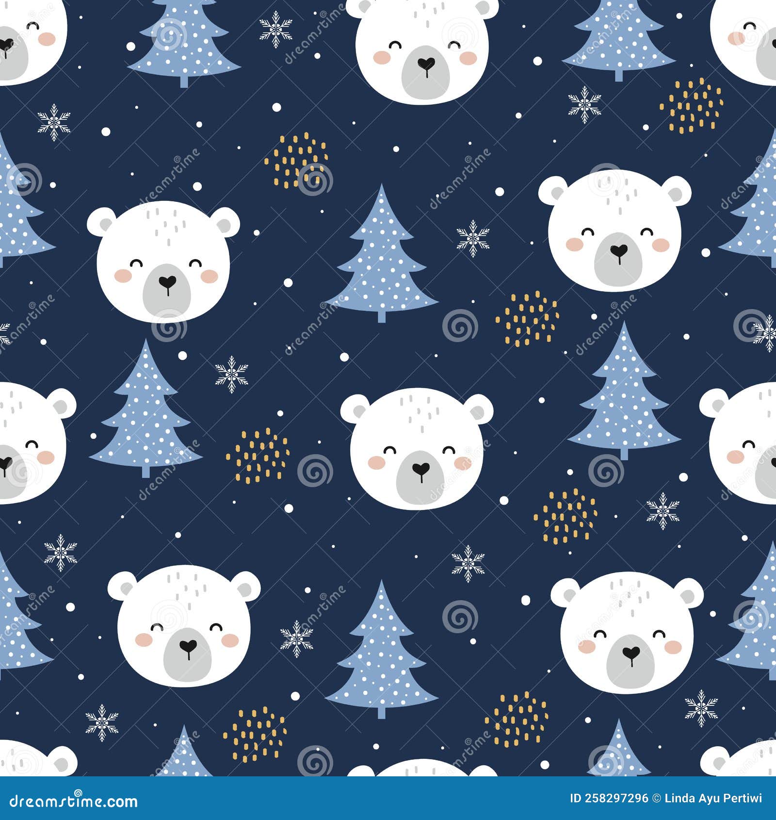 Seamless Vector Pattern with Cute Polar Bear, Forest Elements and Hand ...