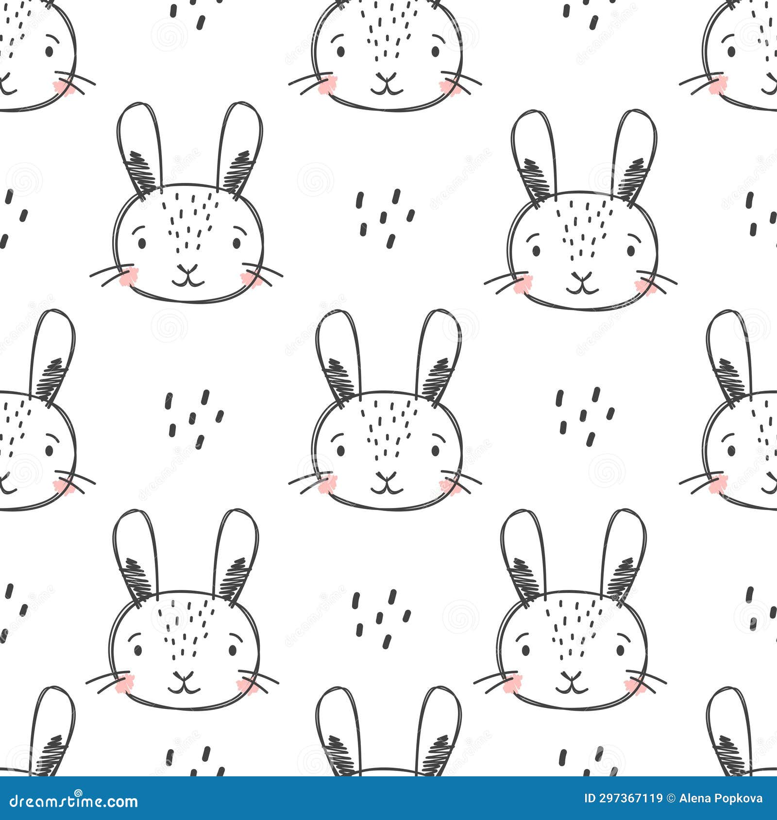 Seamless Vector Pattern in Doodle Style. Cute Rabbit Faces Drawn by ...