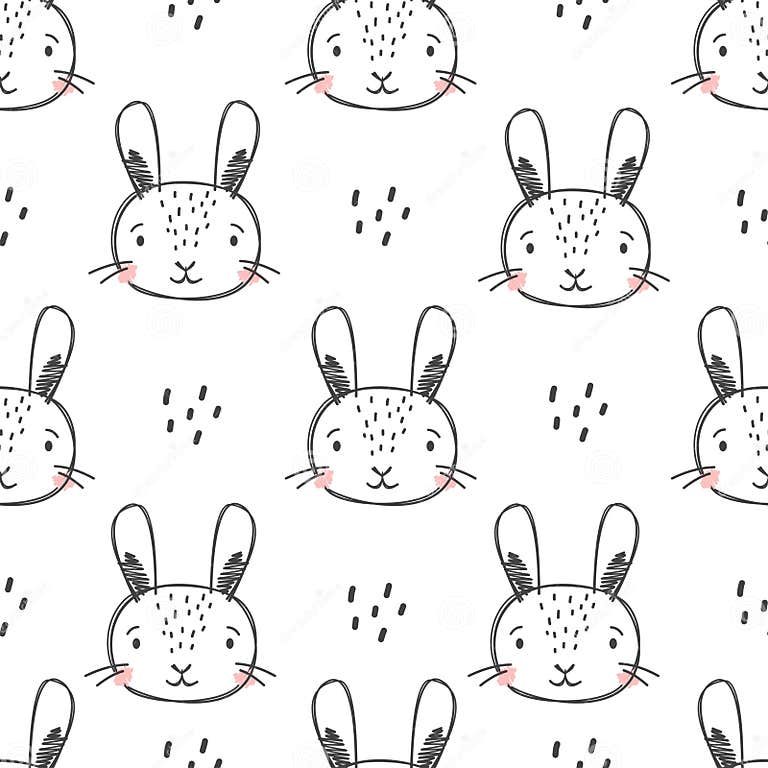 Seamless Vector Pattern in Doodle Style. Cute Rabbit Faces Drawn by ...
