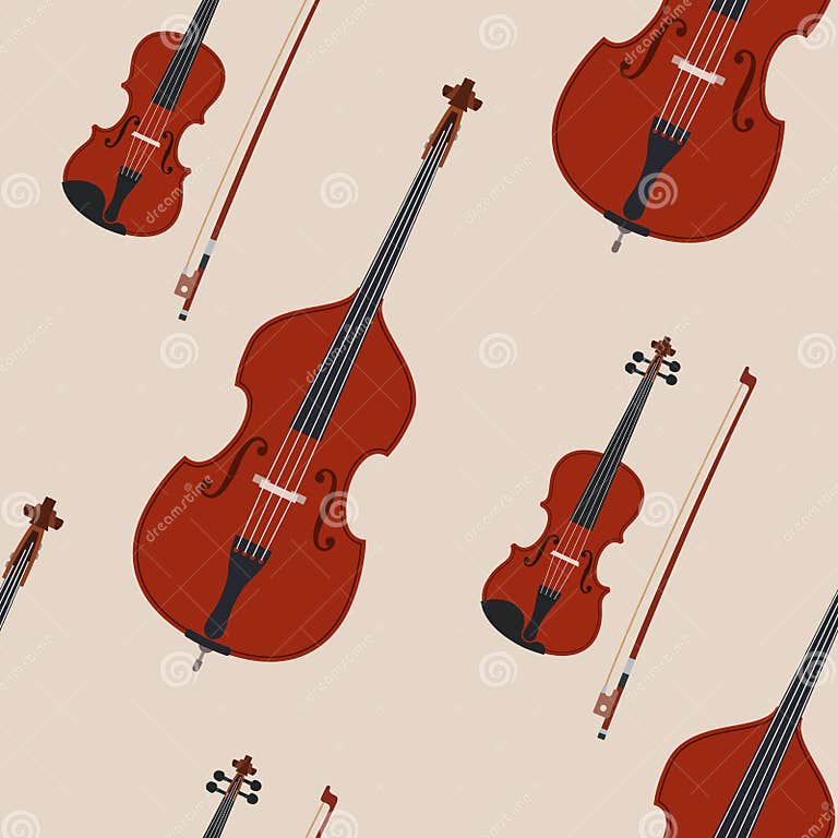 Seamless Vector Pattern With Double Basses Violins And Bows Stock Illustration Illustration