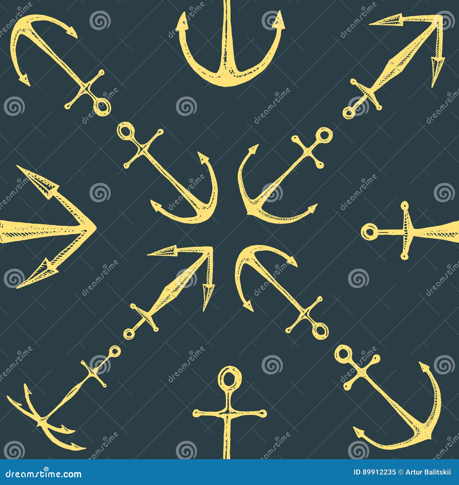 Seamless Vector Pattern with Engraved, Hand Drawn Anchors, Old Lookind ...