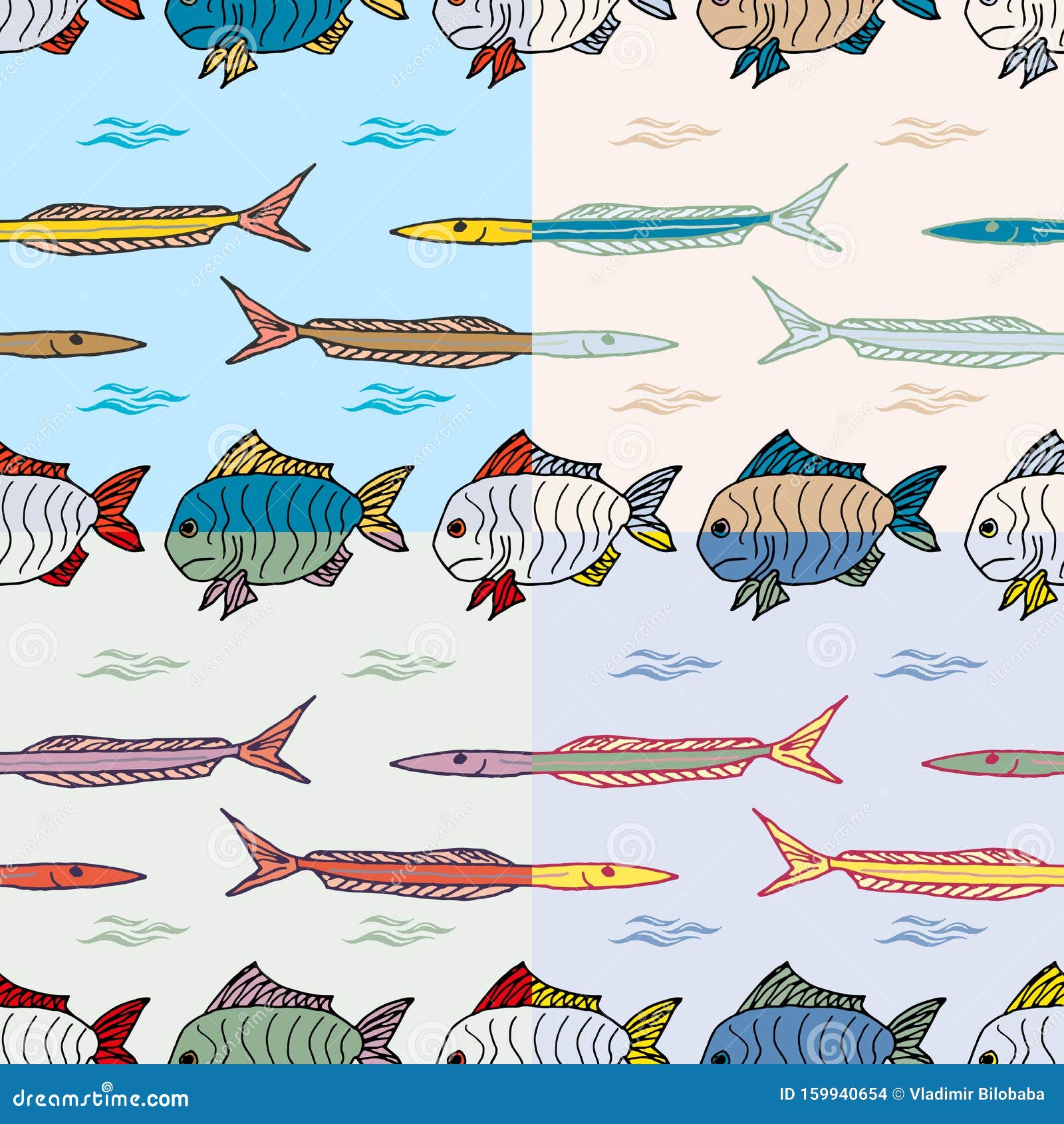 Seamless Fish Pattern of Hand-drawn Stock Vector - Illustration of life ...