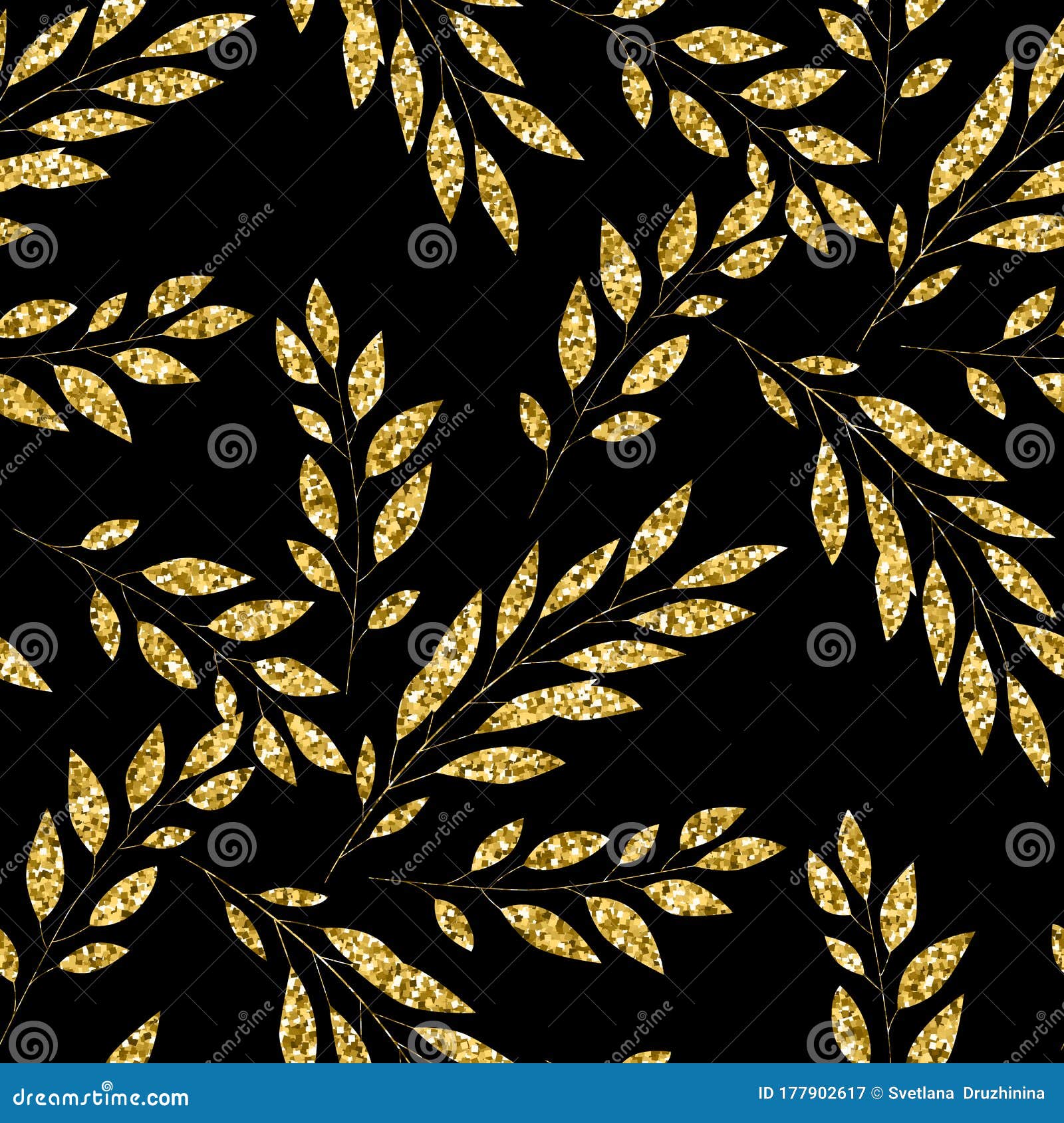 Seamless Vector Pattern with Gold Floral Element on Black Background ...