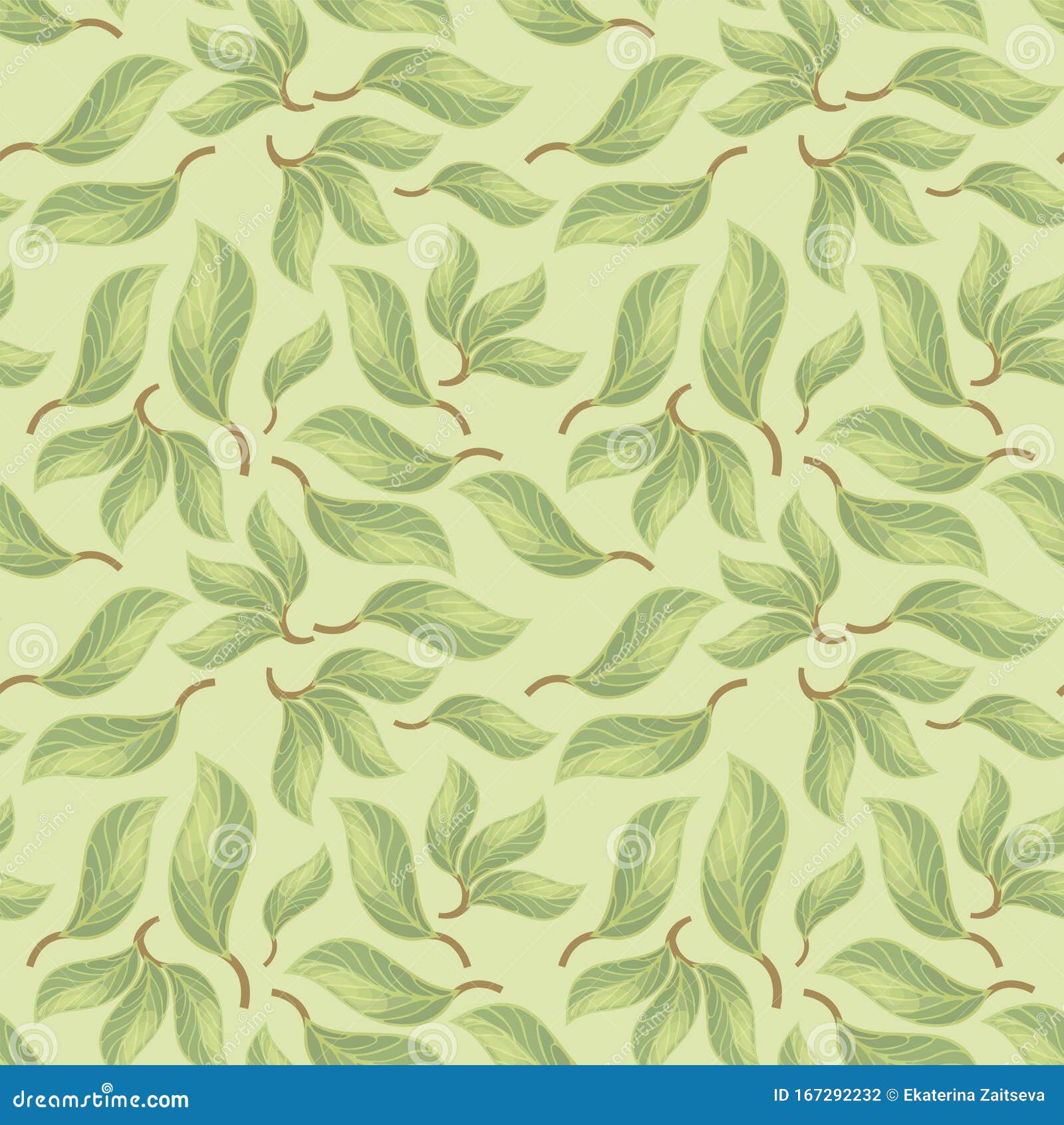 Seamless Vector Pattern with Green Forest Leaves with Veins on a Light ...