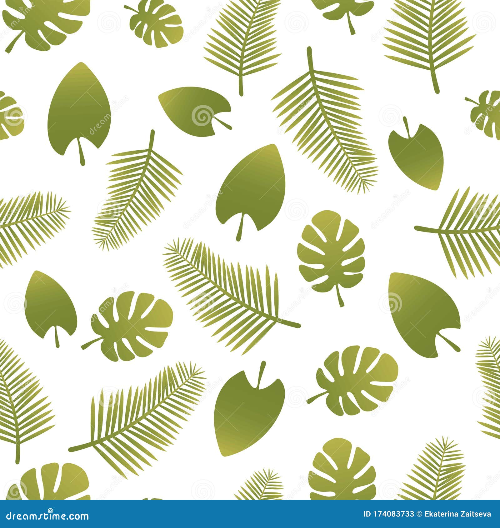 Seamless Vector Pattern with Green Gradient Tropical Leaves Isolated on ...