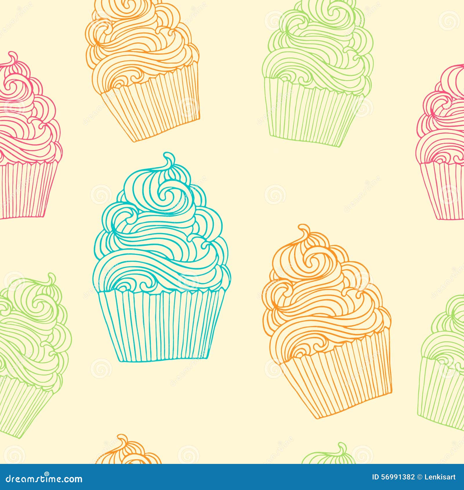 Seamless Vector Pattern with Hand Drawn Outline Cupcake Illustrations ...