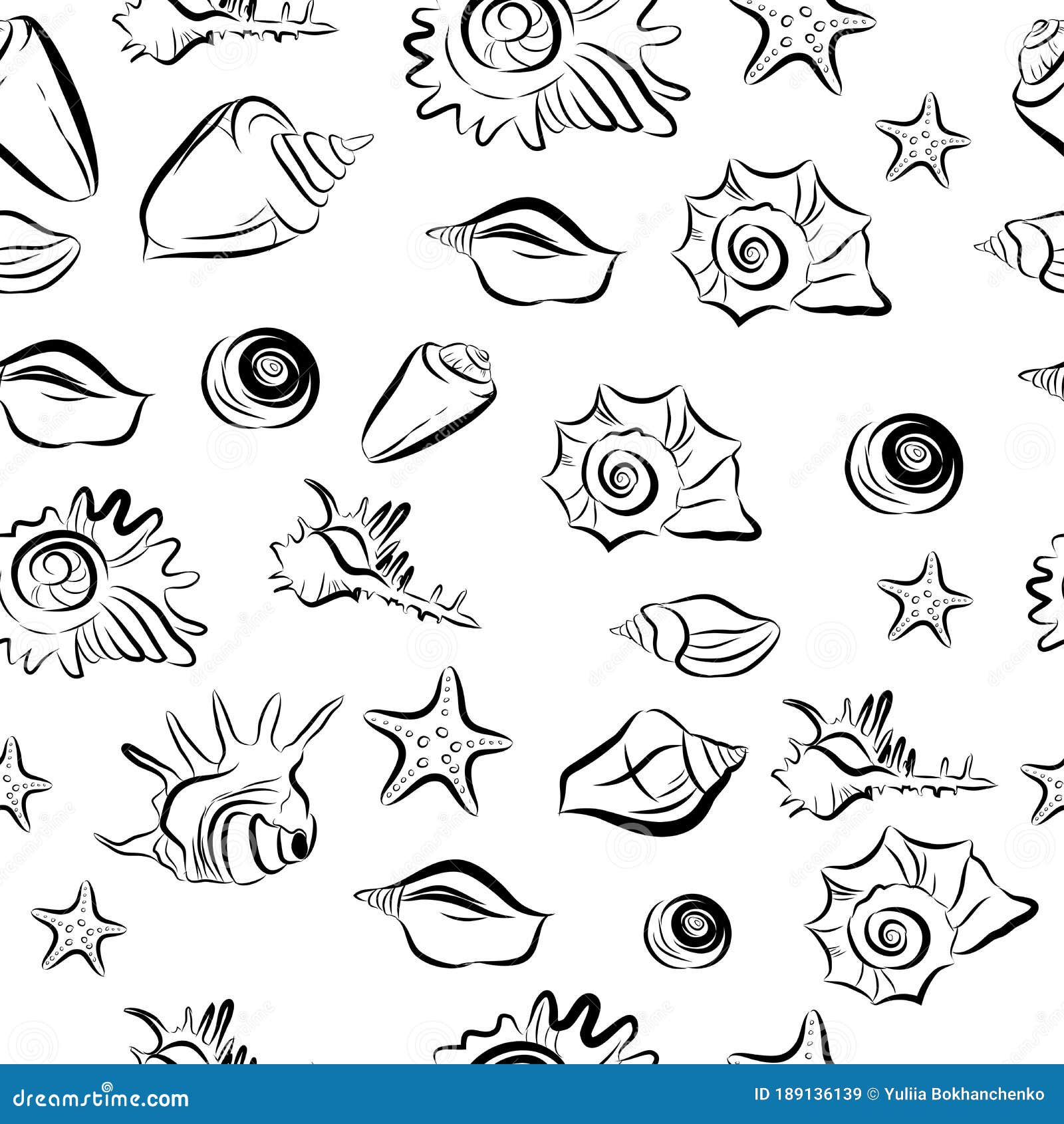 Seamless Vector Pattern with the Image Seashells. Graphic, Black and ...