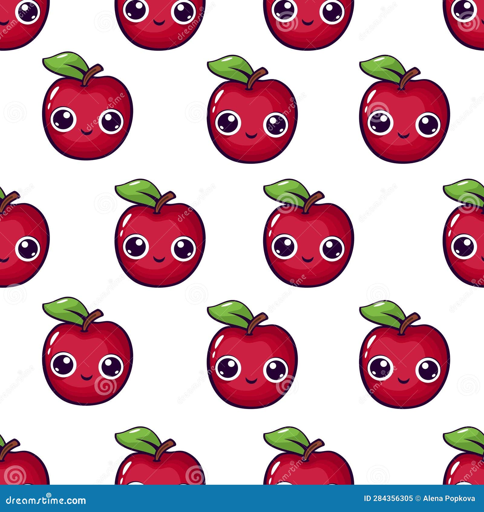 Seamless Vector Pattern in Kawaii Style. Cute Red Apples with Big Eyes ...