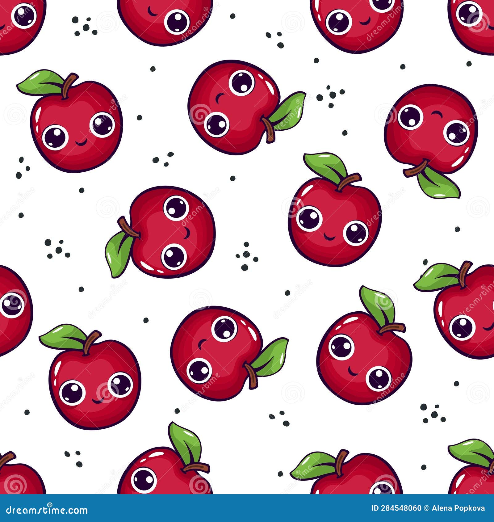 Seamless Vector Pattern in Kawaii Style. Cute Red Apples with Big Eyes ...