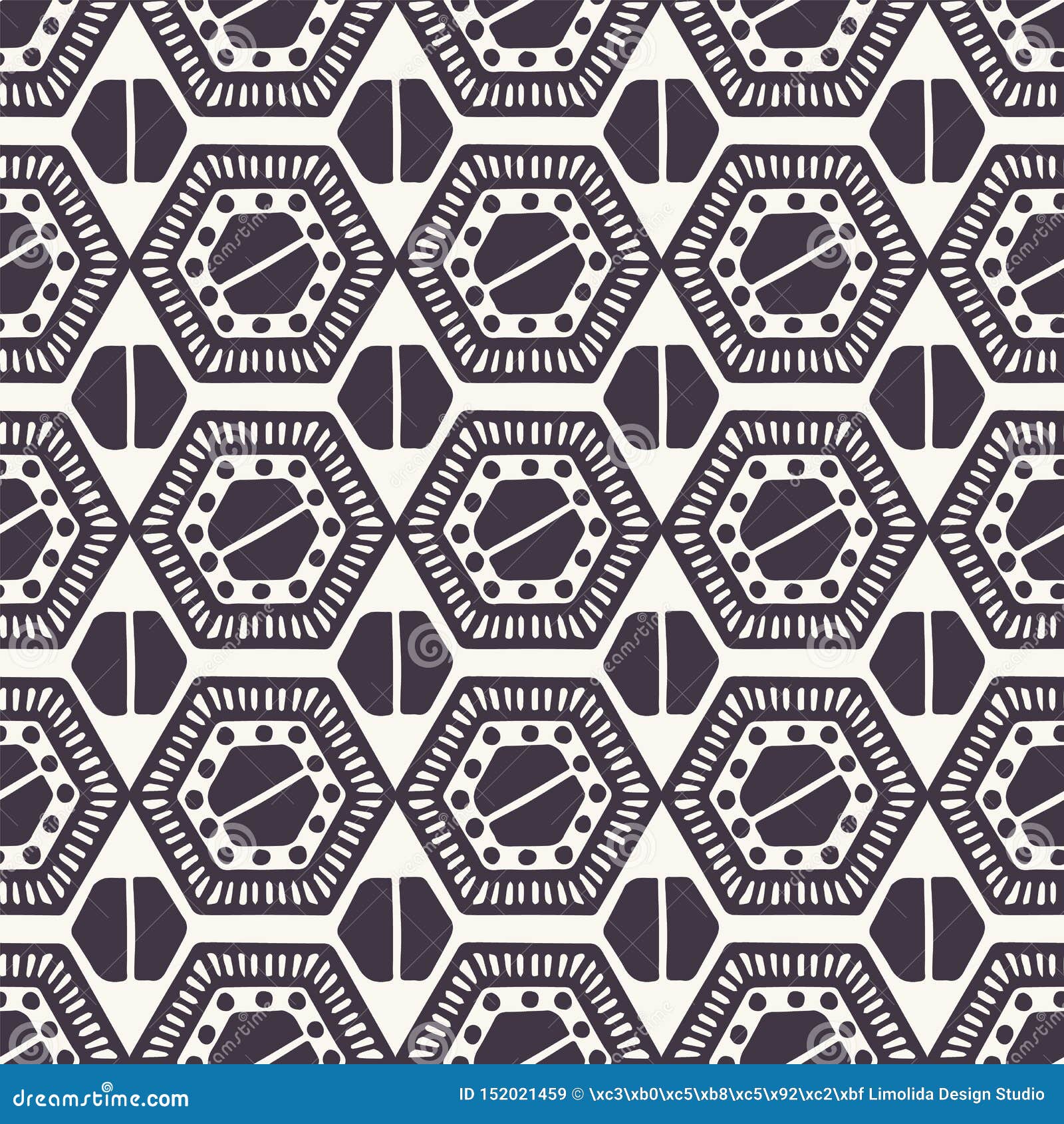 Seamless Vector Pattern. Linocut Hexagonal Quilt Shapes. Repeating ...