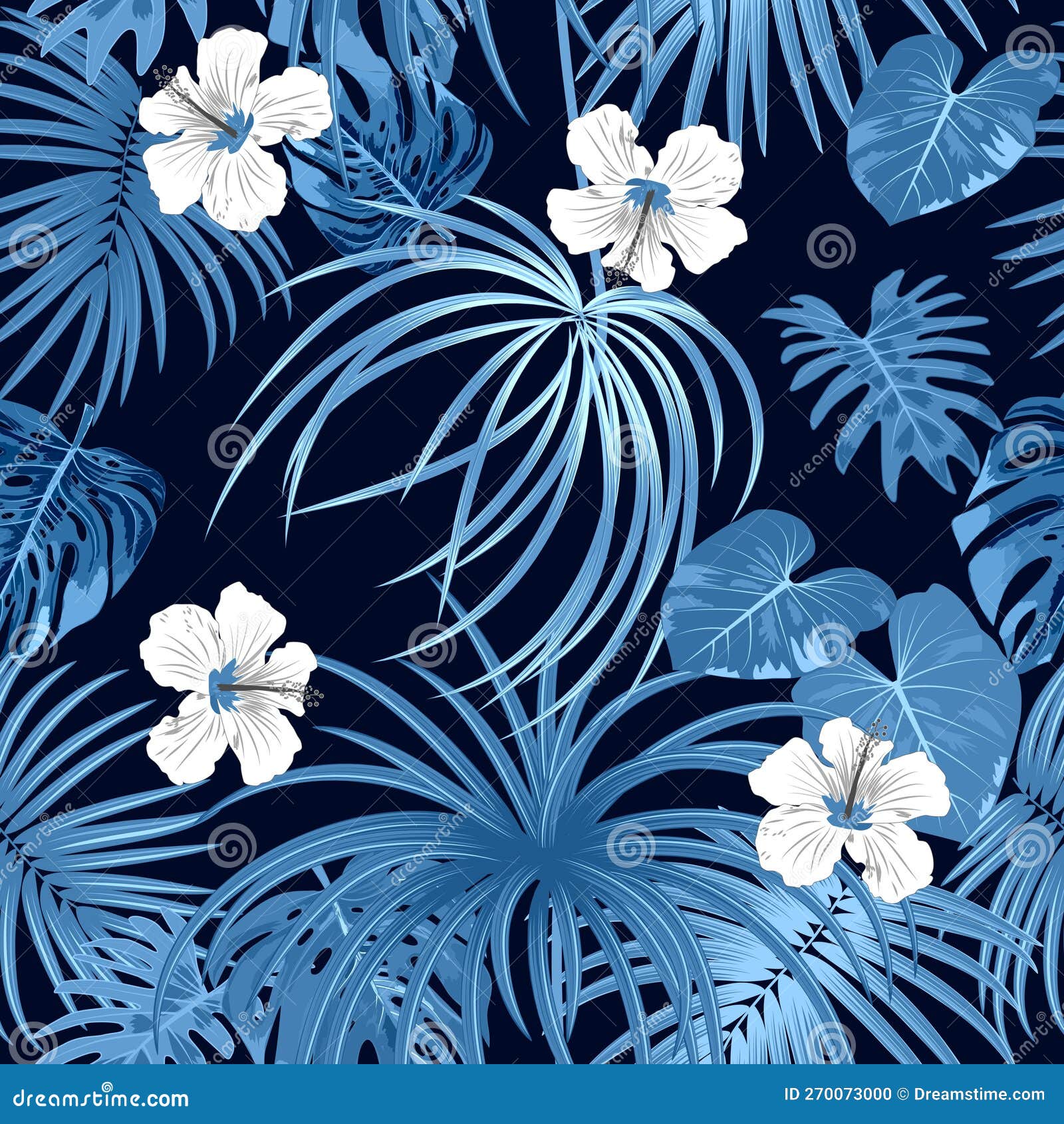Seamless Vector Pattern Monochrome Blue Palm Tree Leaves and White ...