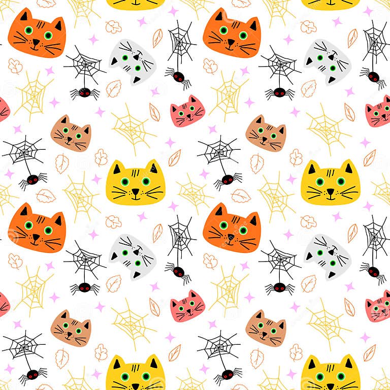 Seamless Vector Pattern: Multi-colored Cat Face, Spiders on the Web ...