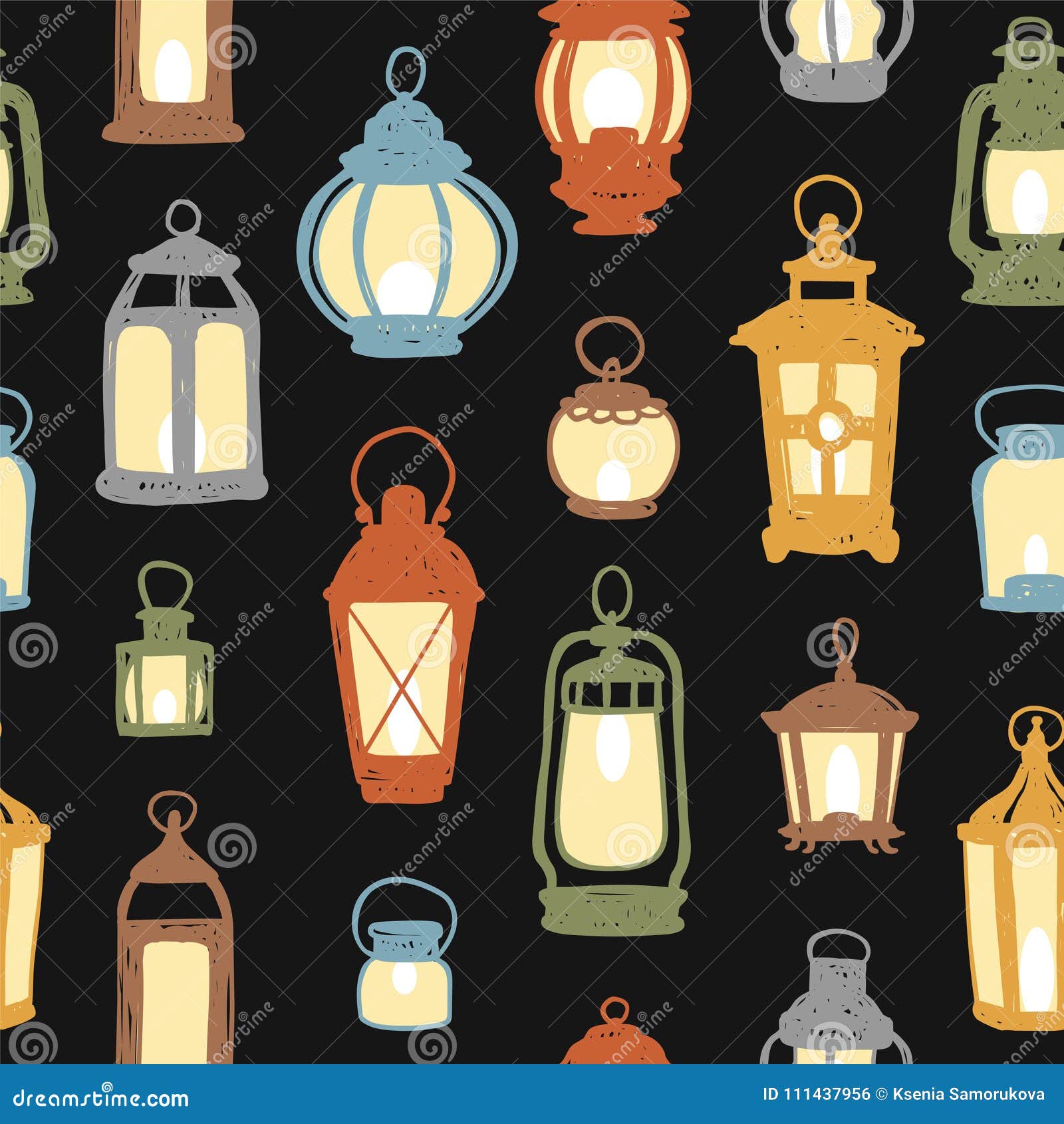 Seamless Pattern - Multicolored Retro Lanterns Stock Vector ...