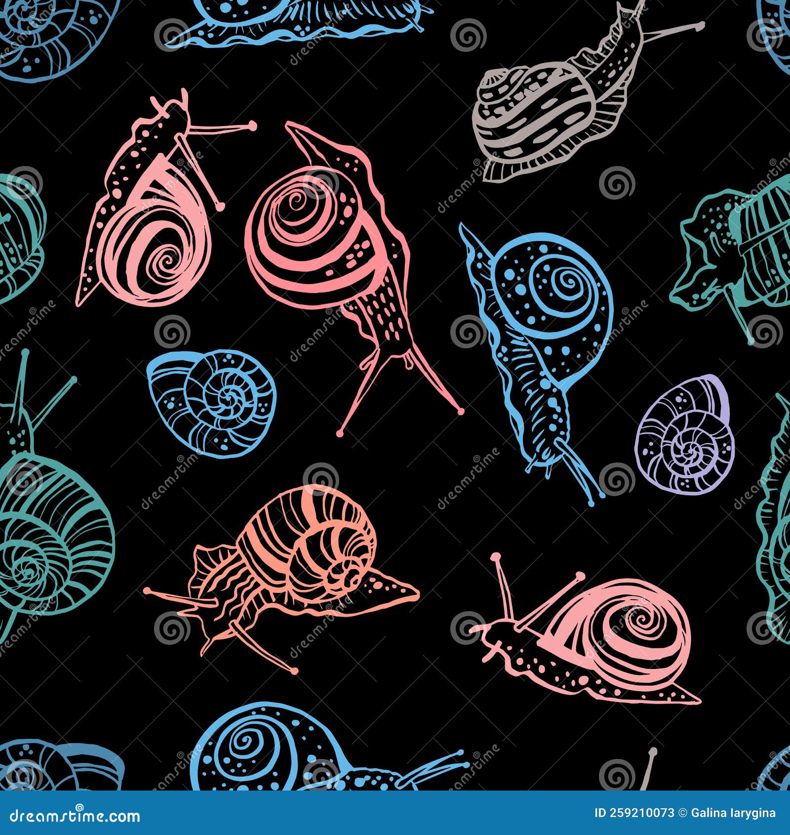 Seamless Vector Pattern of Multicolored Snails on a Black Background ...