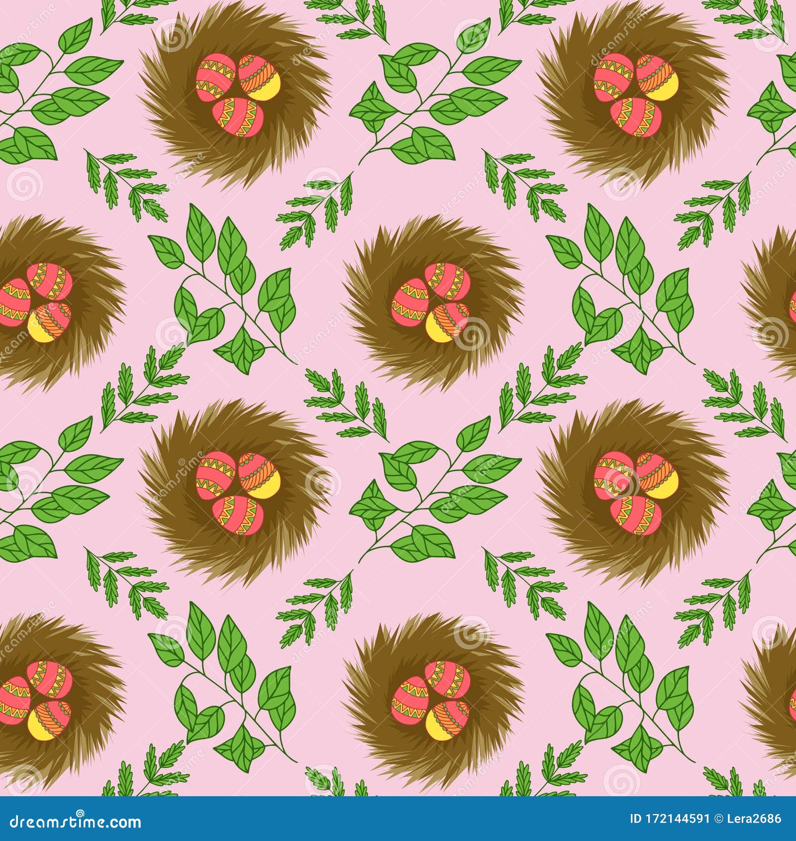 Seamless Vector Pattern. Nest with Painted Easter Eggs with Leaves and ...