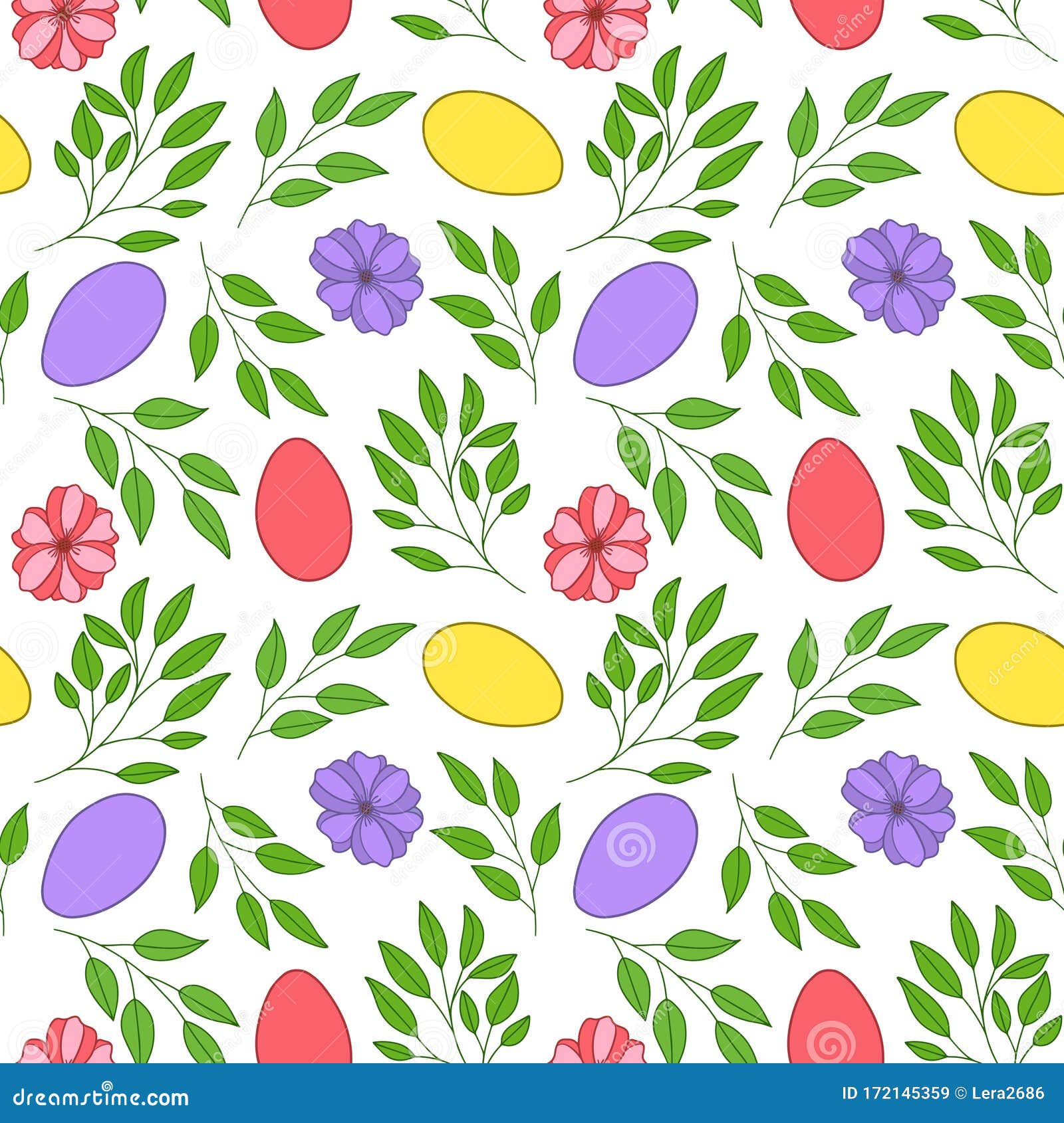 Seamless Vector Pattern. Painted Easter Eggs with Leaves, Branches and Flowers. Design for ...