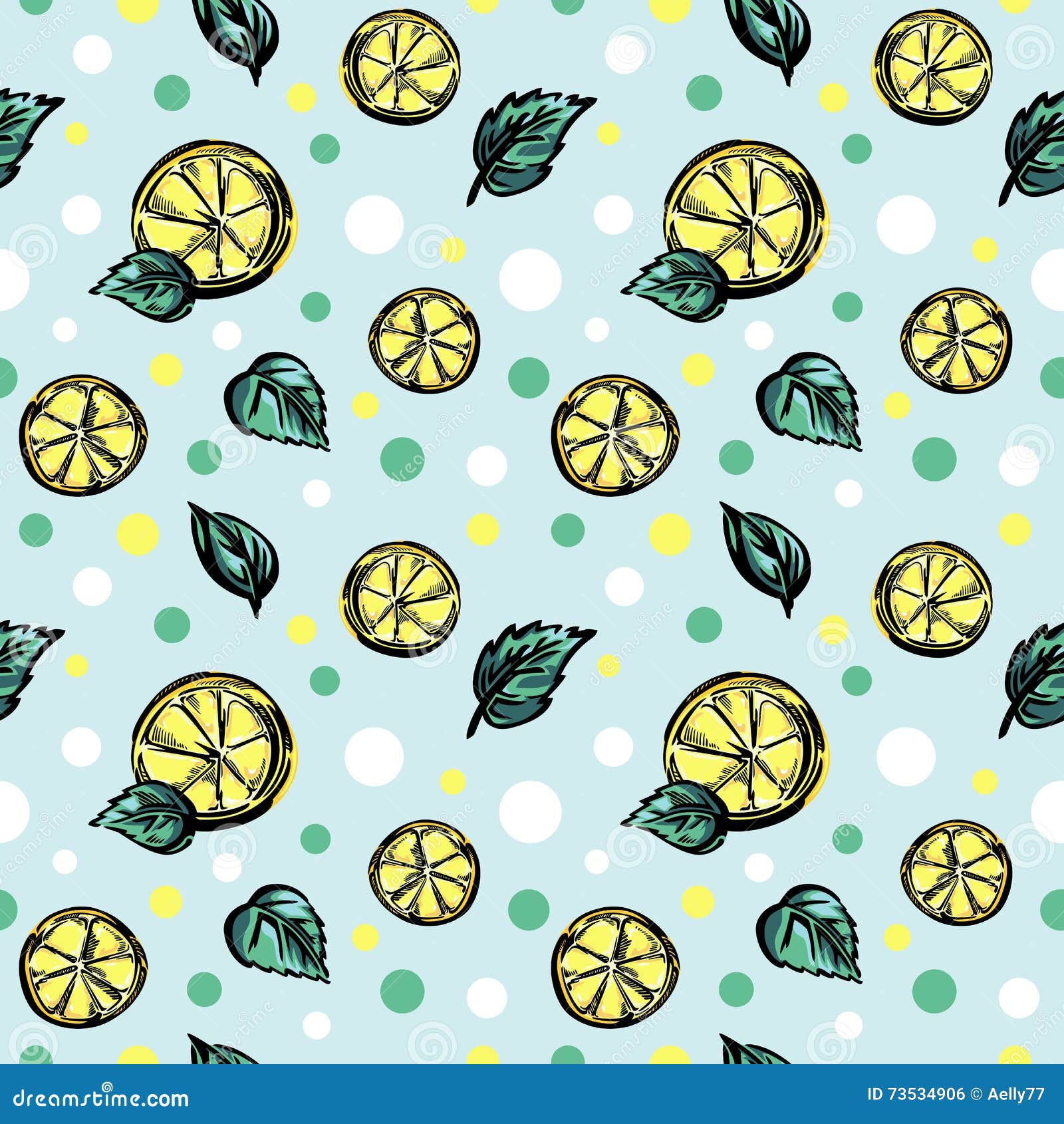 A Seamless Vector Pattern with Pieces of Lemon and Green Leaves. Stock ...