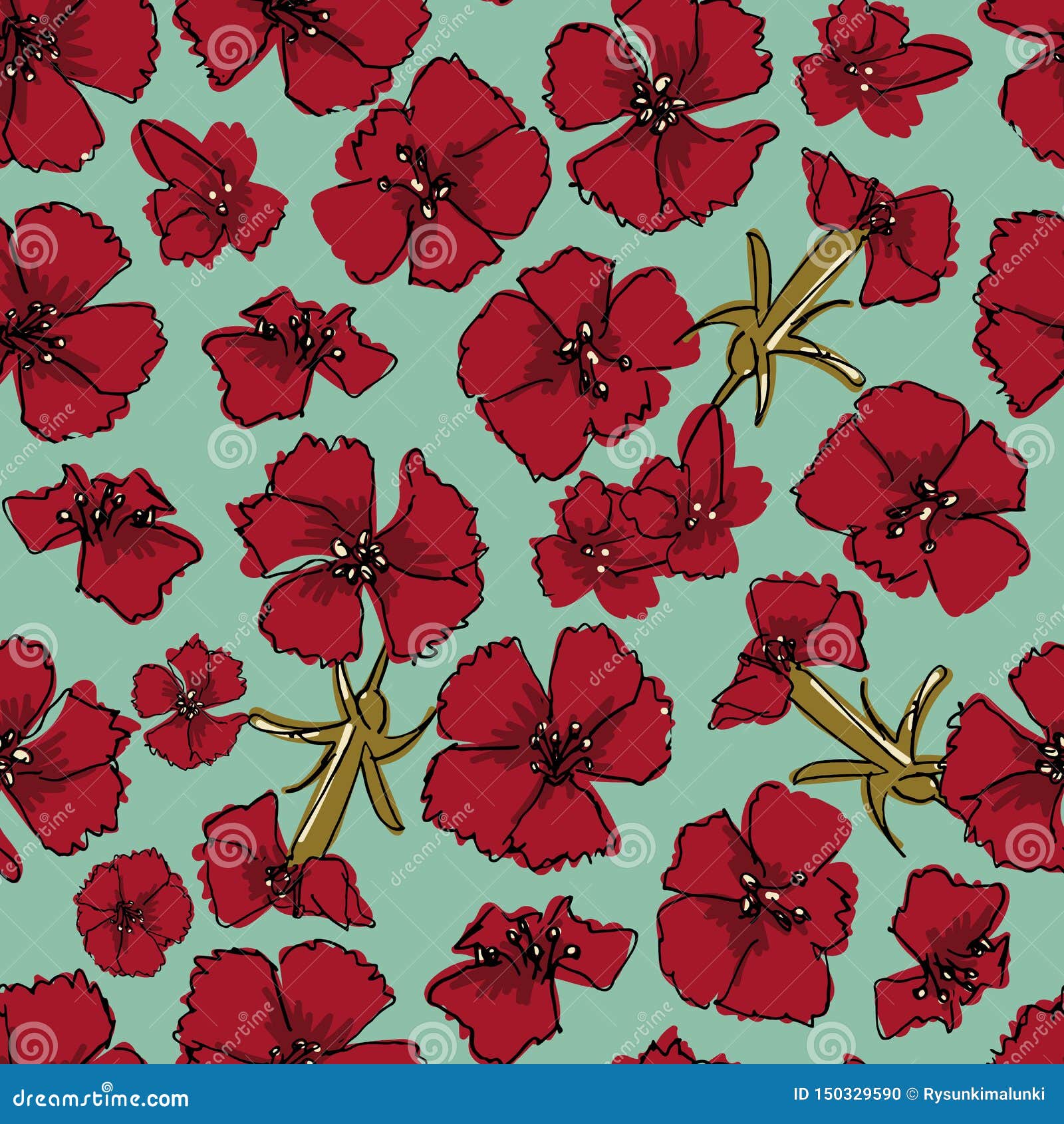 Seamless Vector Pattern with Red Carnation Flowers Stock Vector ...