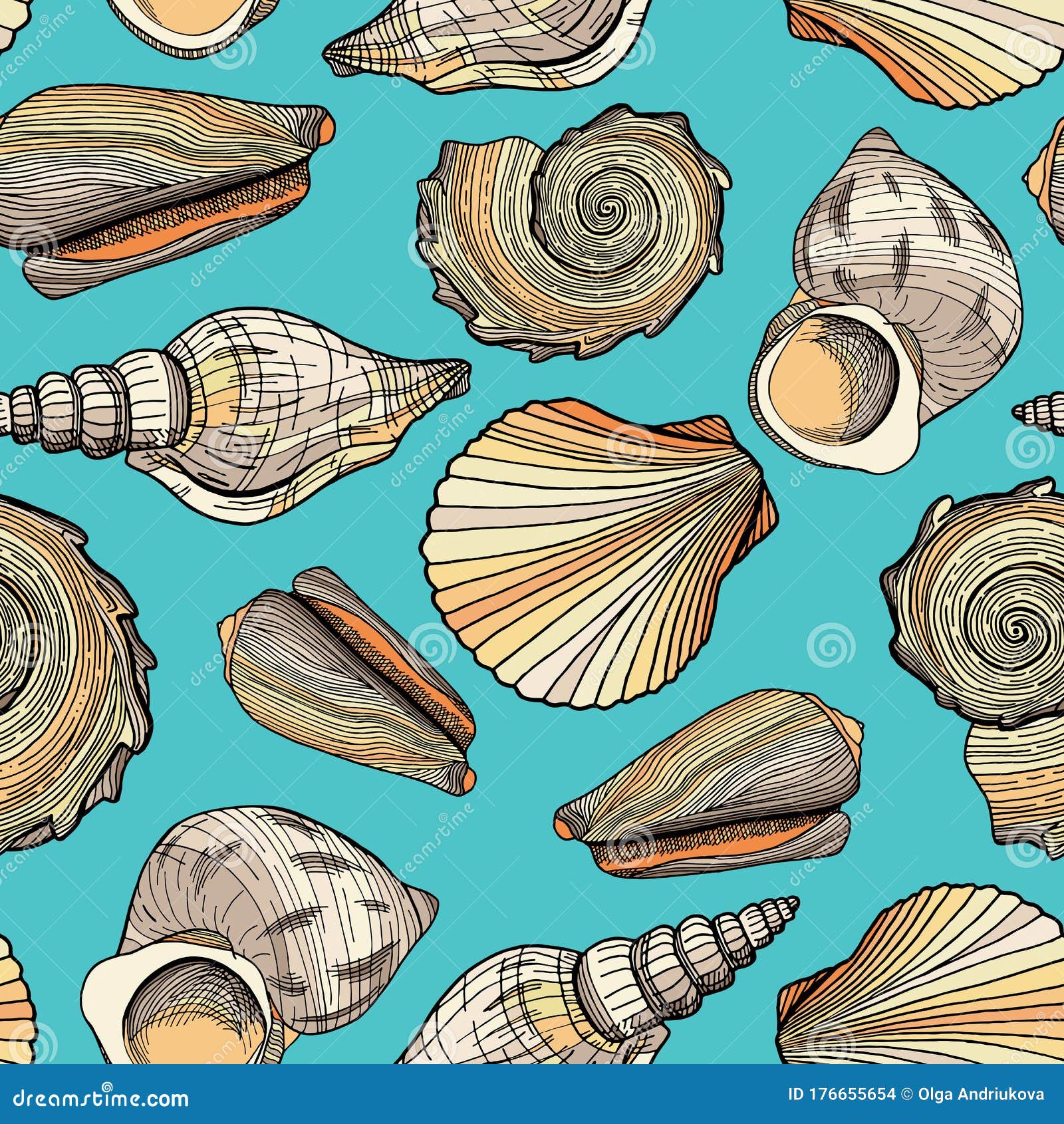 Seamless Vector Pattern with Seashells. Marine Underwater Texture. Hand ...