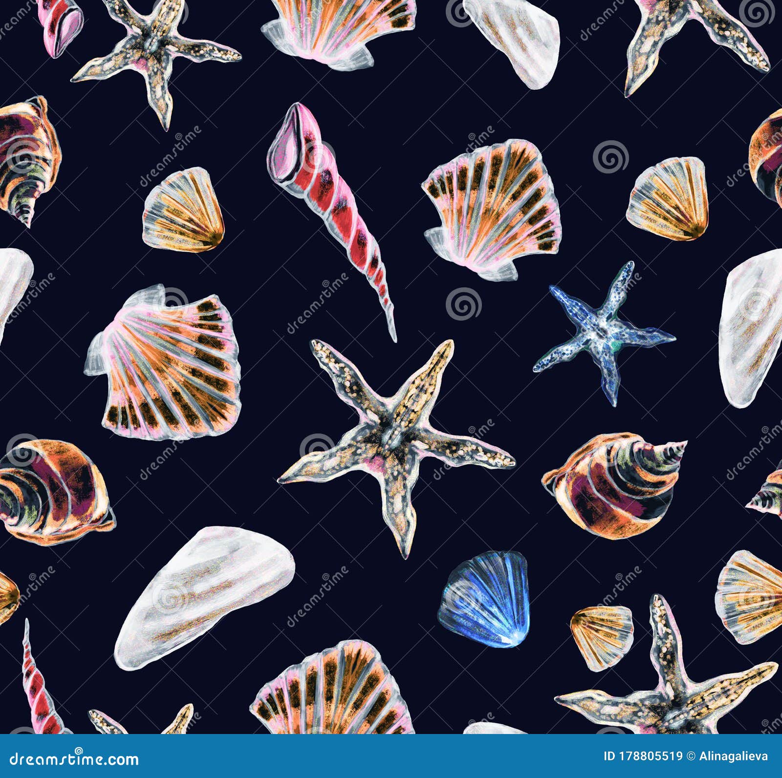 Seamless Vector Pattern with Seashells and Starfish in Color on Dark ...
