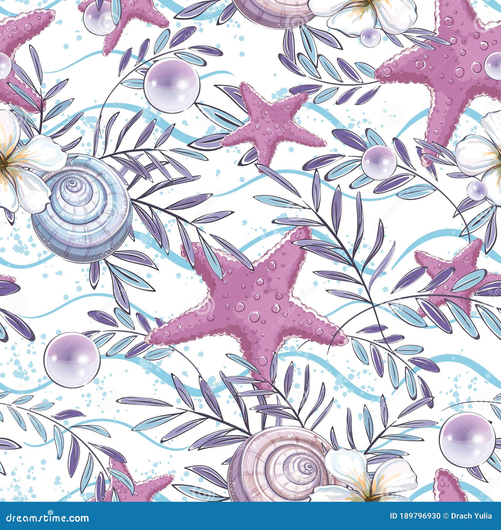 Seamless Vector Pattern with Shells, Starfish and Leaves of a Tropical ...