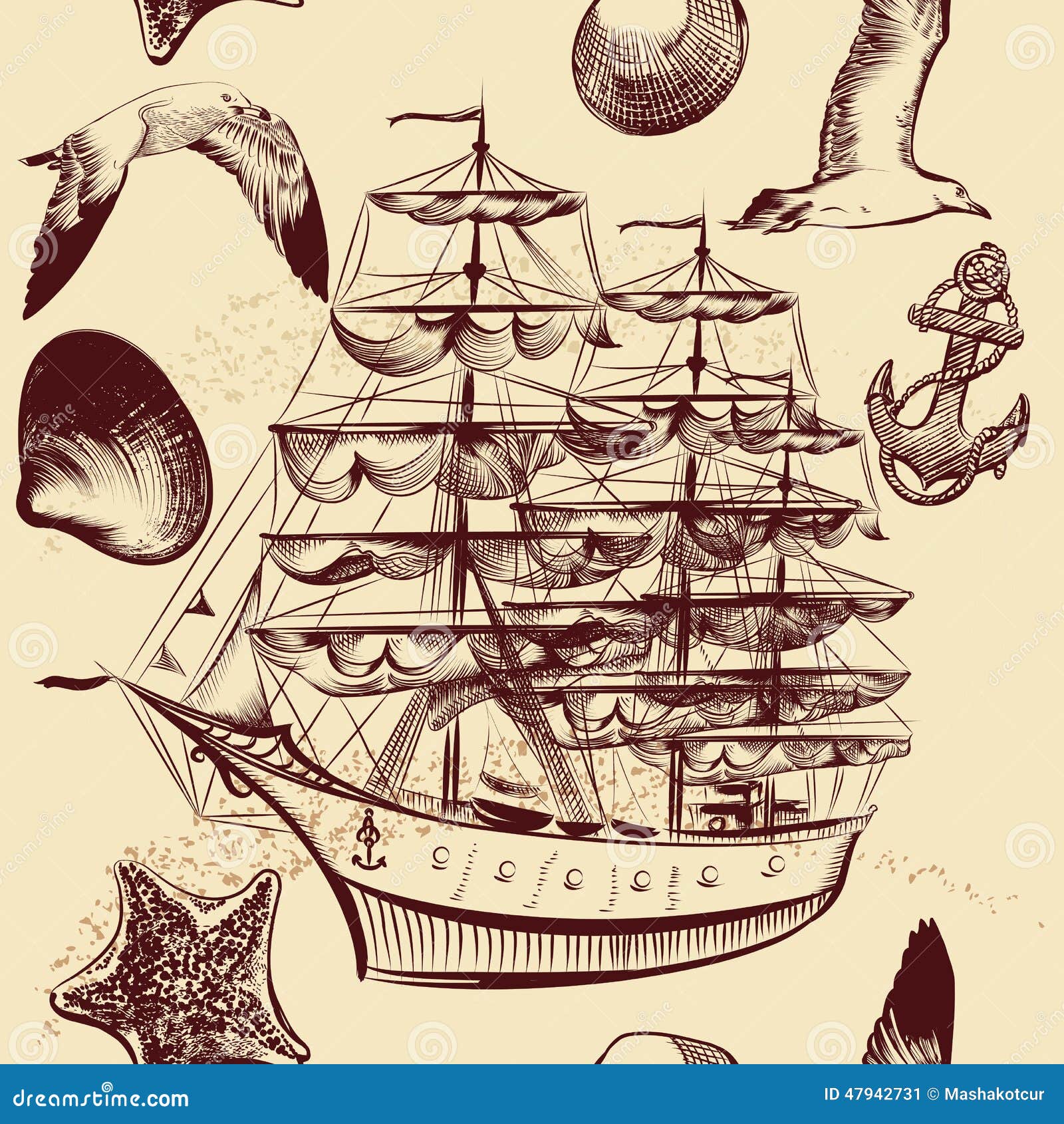 Seamless Vector Pattern with Ship, Shells and Sea-gulls Stock Vector ...
