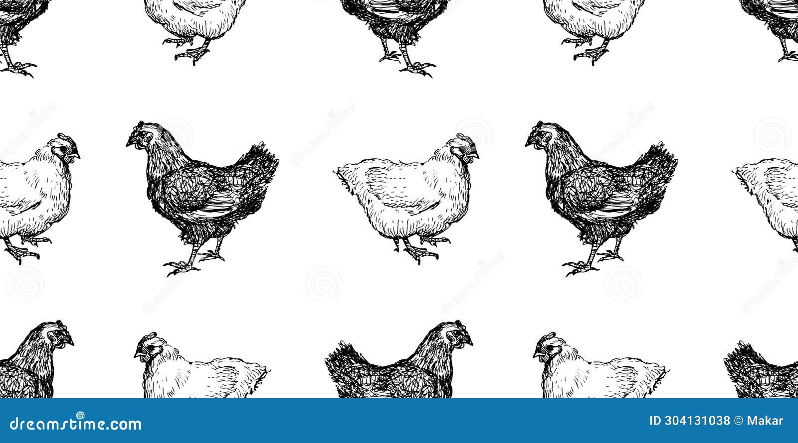Seamless Vector Pattern of Sketches Black and White Hens, Background ...