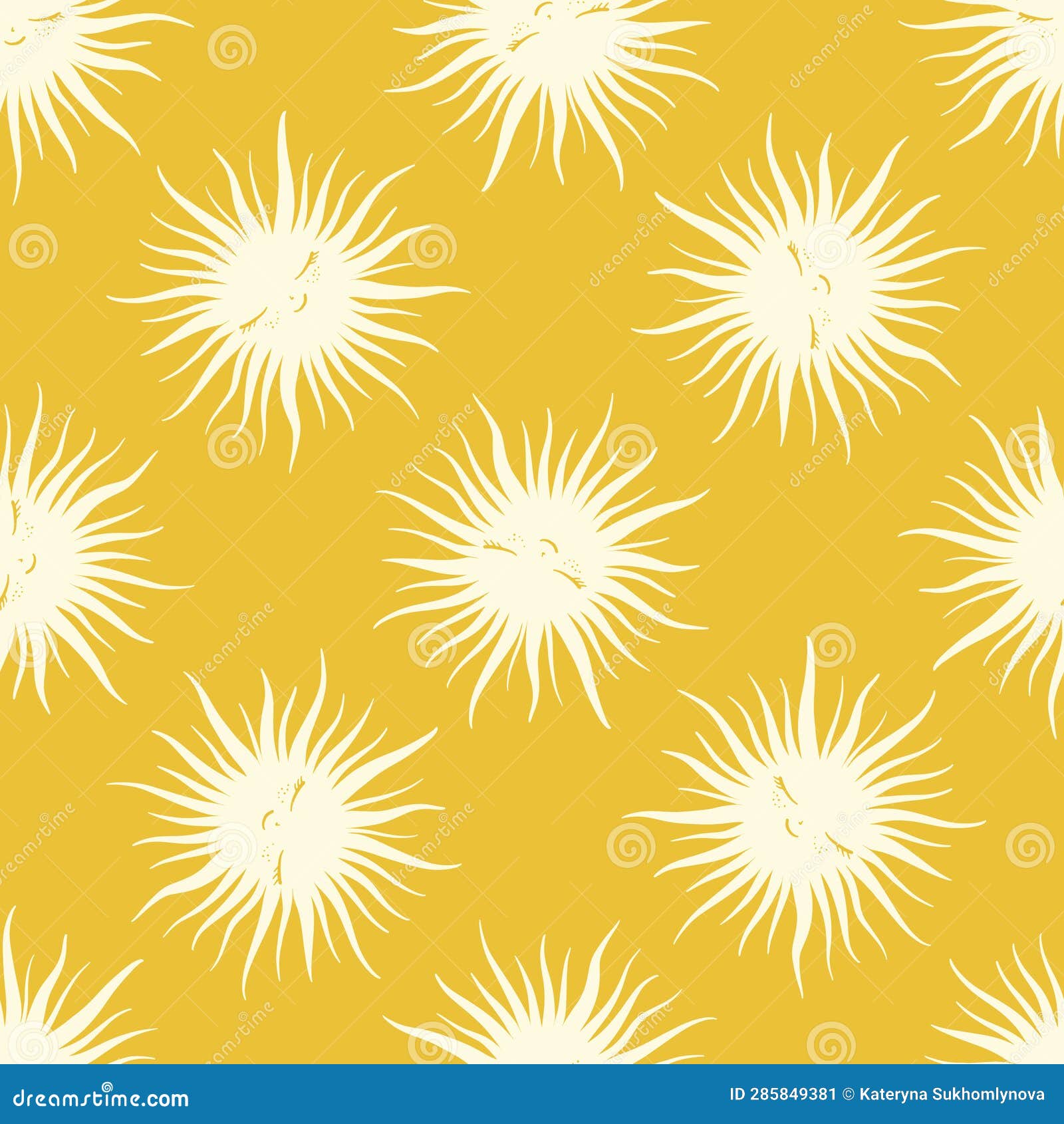 Seamless Vector Pattern Sleepy Smiley White Sun on Yellow, Seamless ...