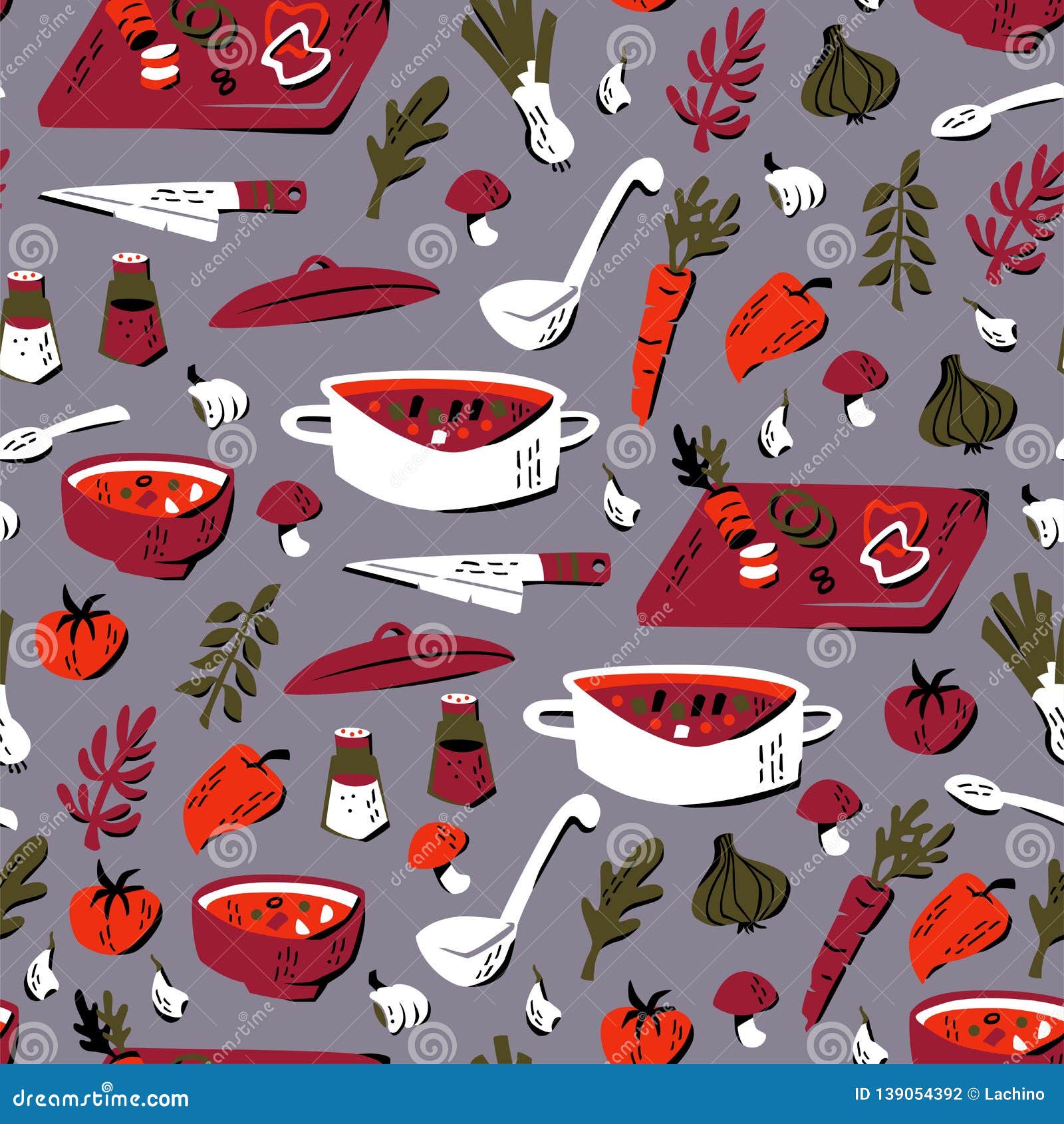 Doodle Hand Drawn Vegetable Soup Seamless Pattern. Vector Illustration ...