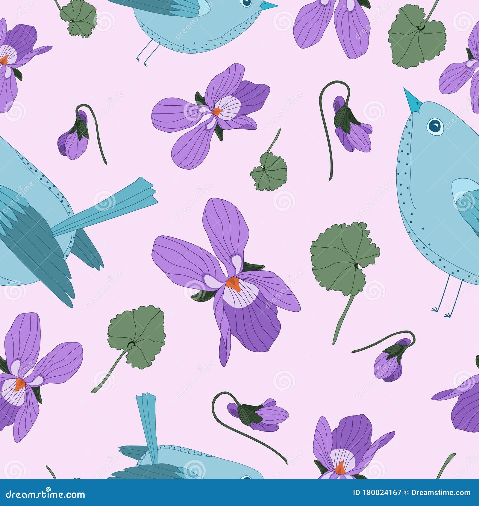 Seamless Vector Pattern with Stylized Blue Birds and Violets Stock ...
