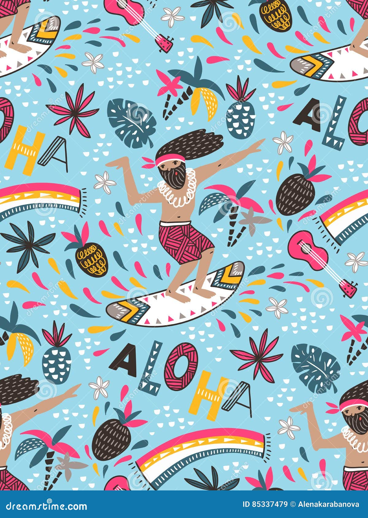 Seamless Vector Pattern with Surfer and Ornamental Phrase - `ALOHA ...