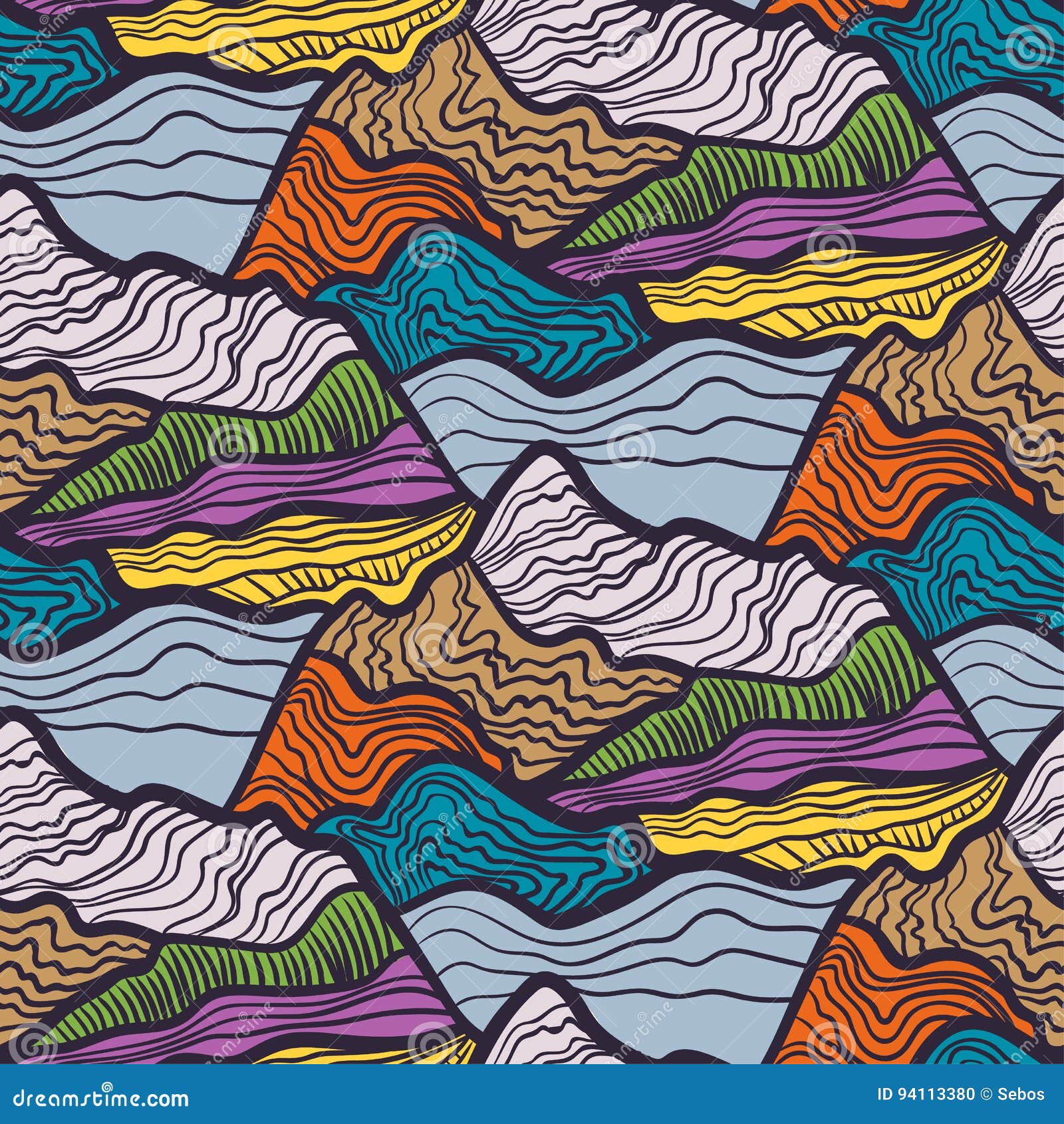 Seamless Vector Pattern of Swirls of Waves, Peaks of Mountains ...