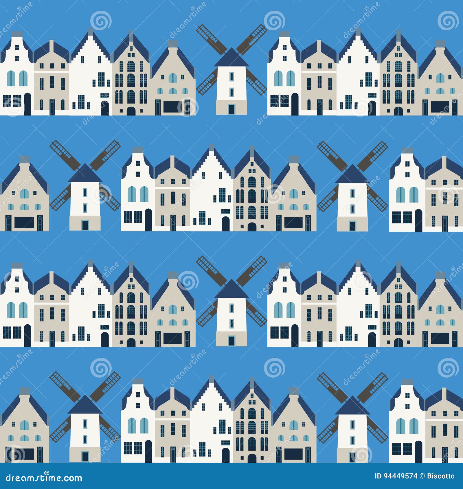 Seamless Vector Pattern with Traditional Dutch Houses and Mills Stock ...