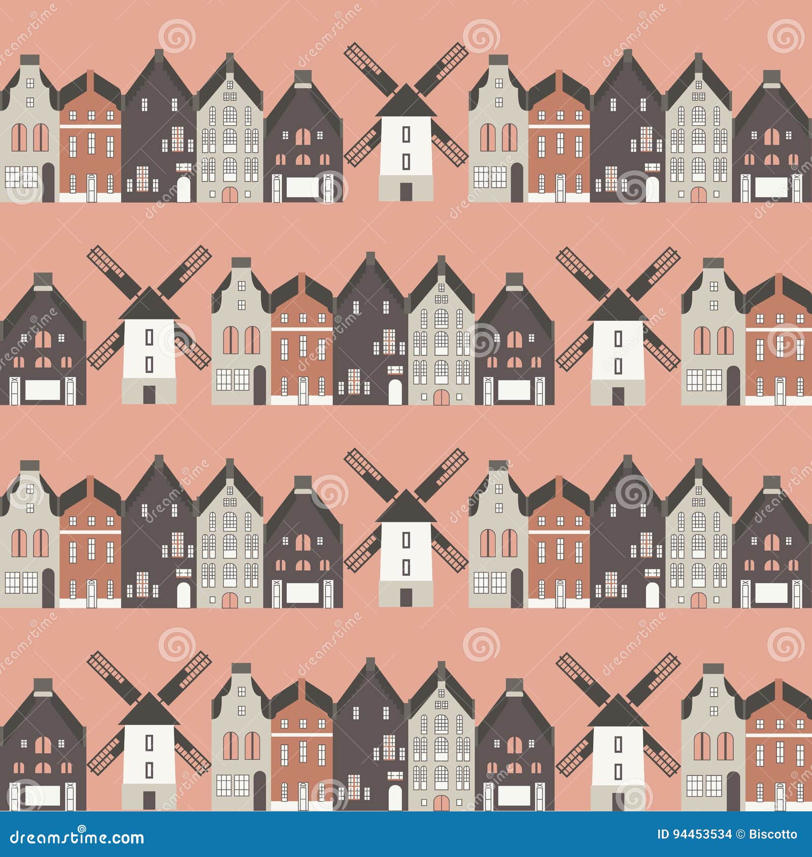Seamless Vector Pattern with Traditional Dutch Houses and Mills Stock ...