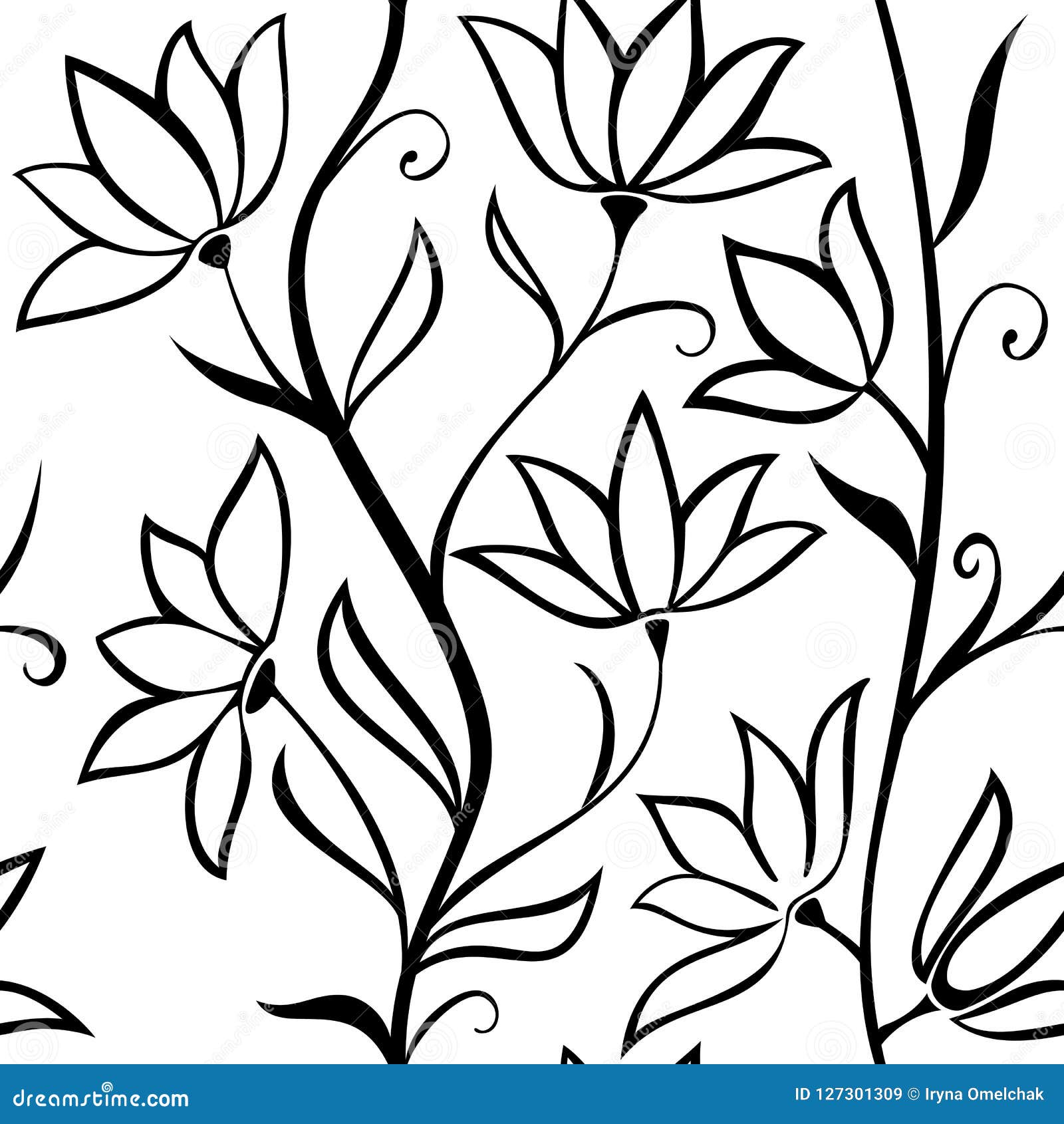 Seamless Vector Pattern. Wavy Stems with Flowers Isolated on a White ...