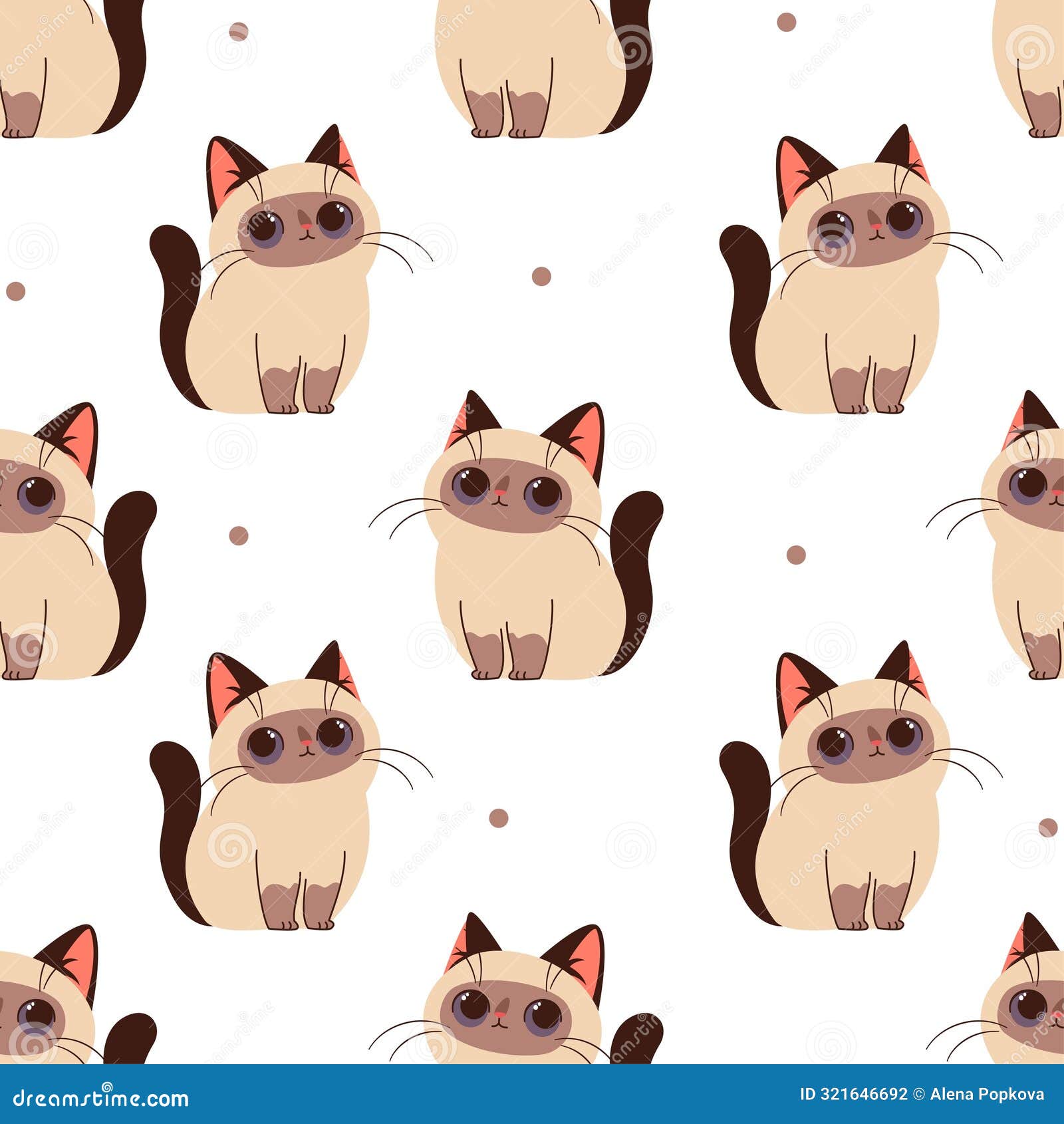 Seamless Vector Pattern On White Background In Children's Style. Cute Siamese Cat ...