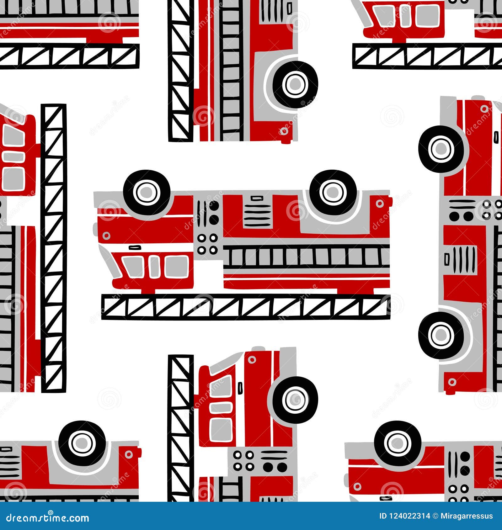 Hand Drawn Fire Trucks Seamless Vector Pattern on White Background ...