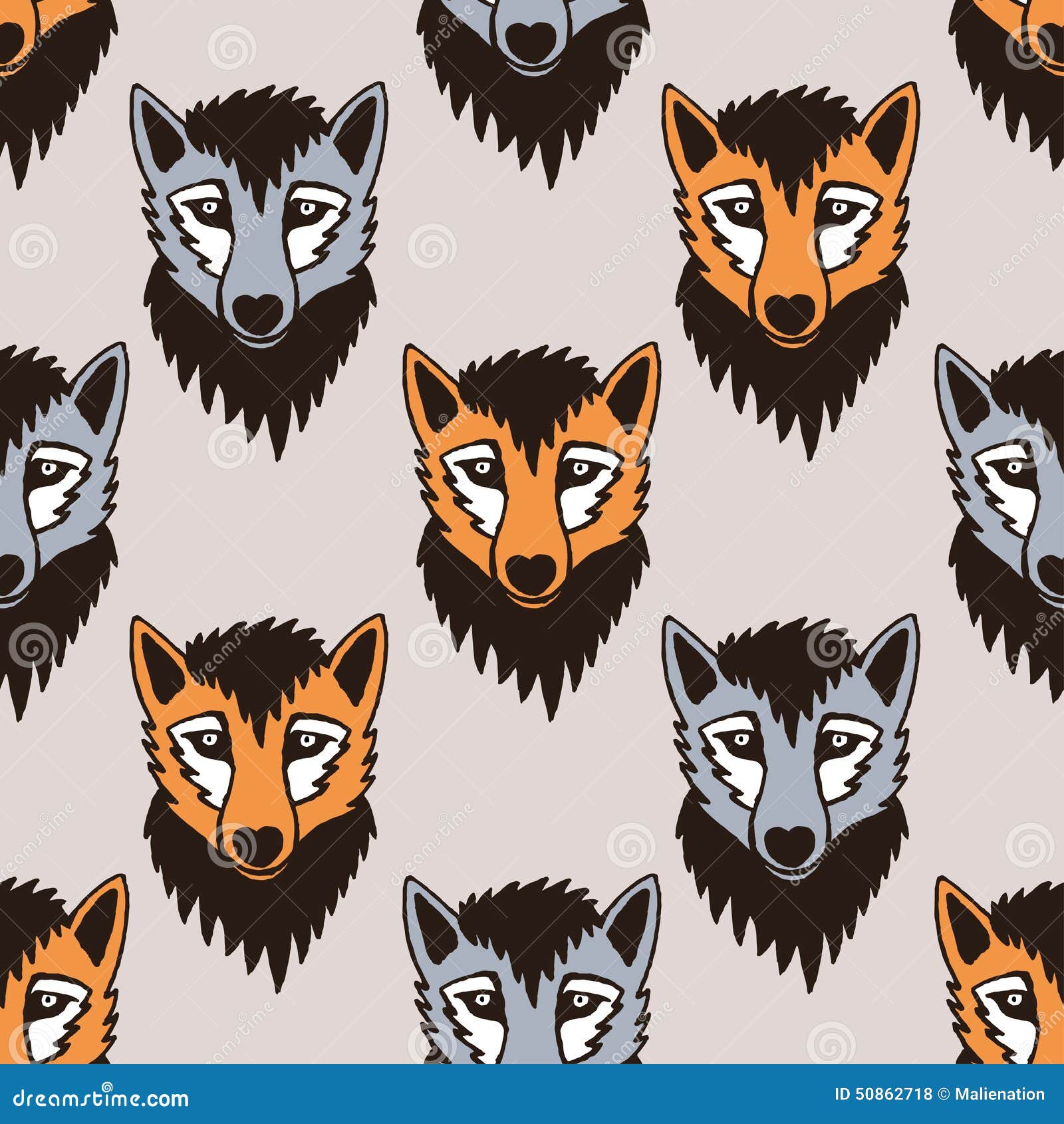 Seamless Vector Pattern with Wolf and Fox. Cartoon Stock Vector ...