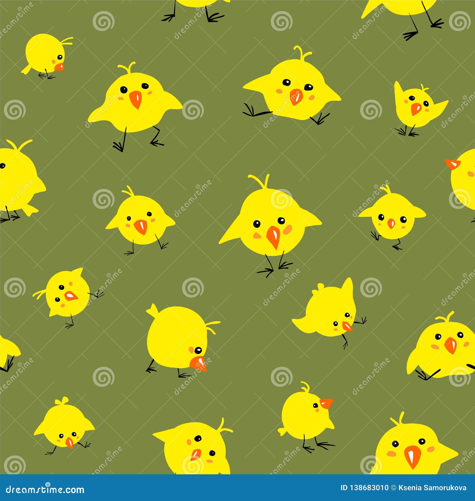 Seamless Pattern of Yellow Chicks on Green Background Stock Vector ...
