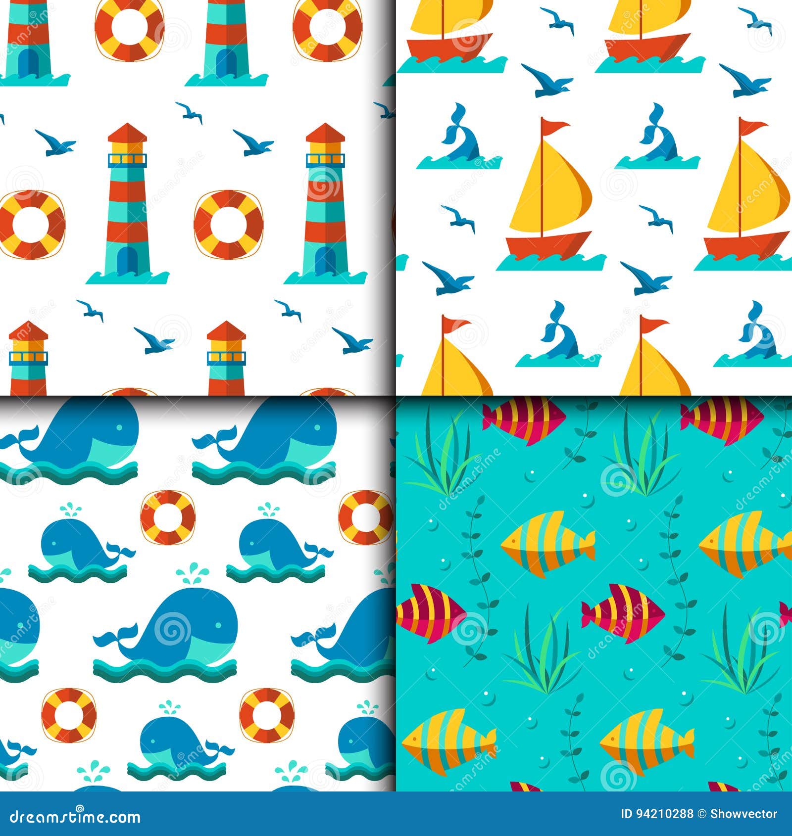 Seamless Vector Patterns with Nautical Elements Wave Marine Collection ...