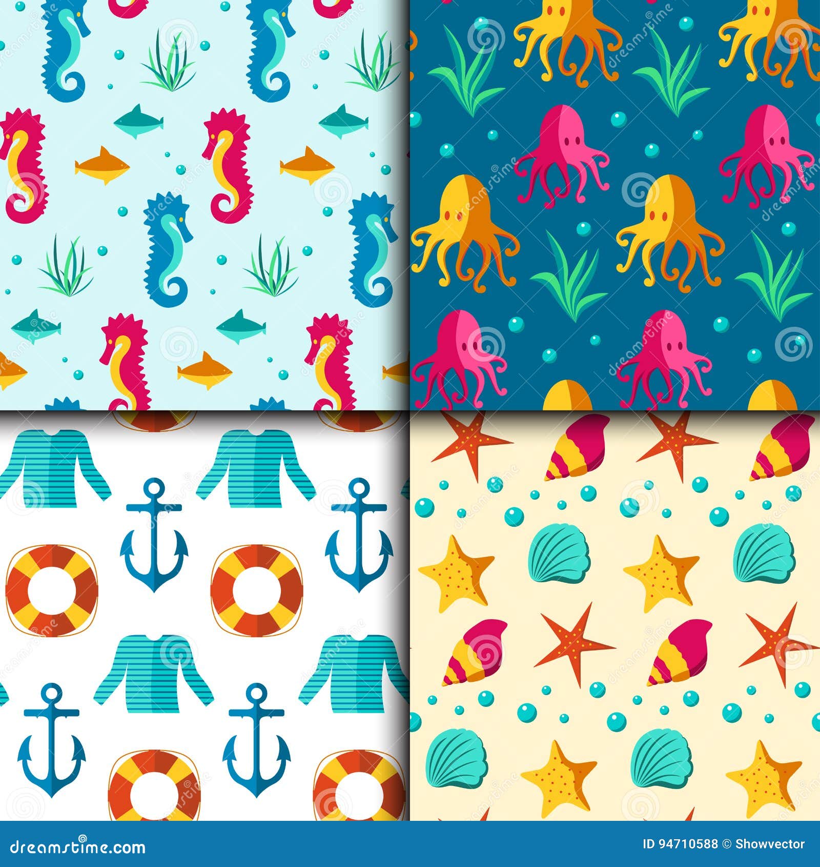 Seamless Vector Patterns with Nautical Elements Wave Marine Collection ...