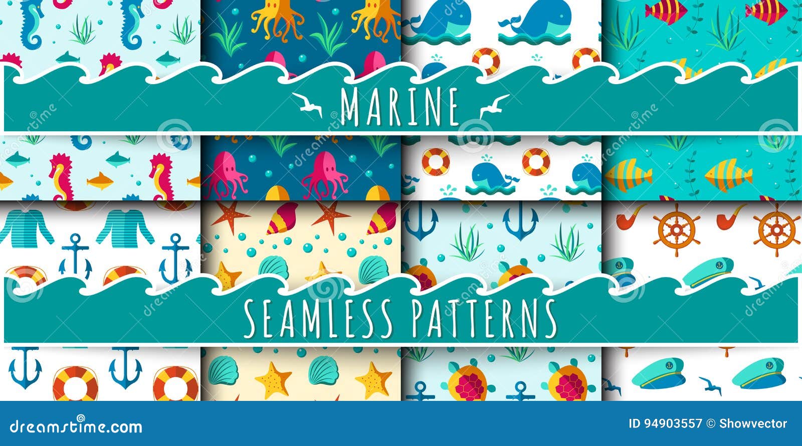 Seamless Vector Patterns with Nautical Elements Wave Marine Collection ...