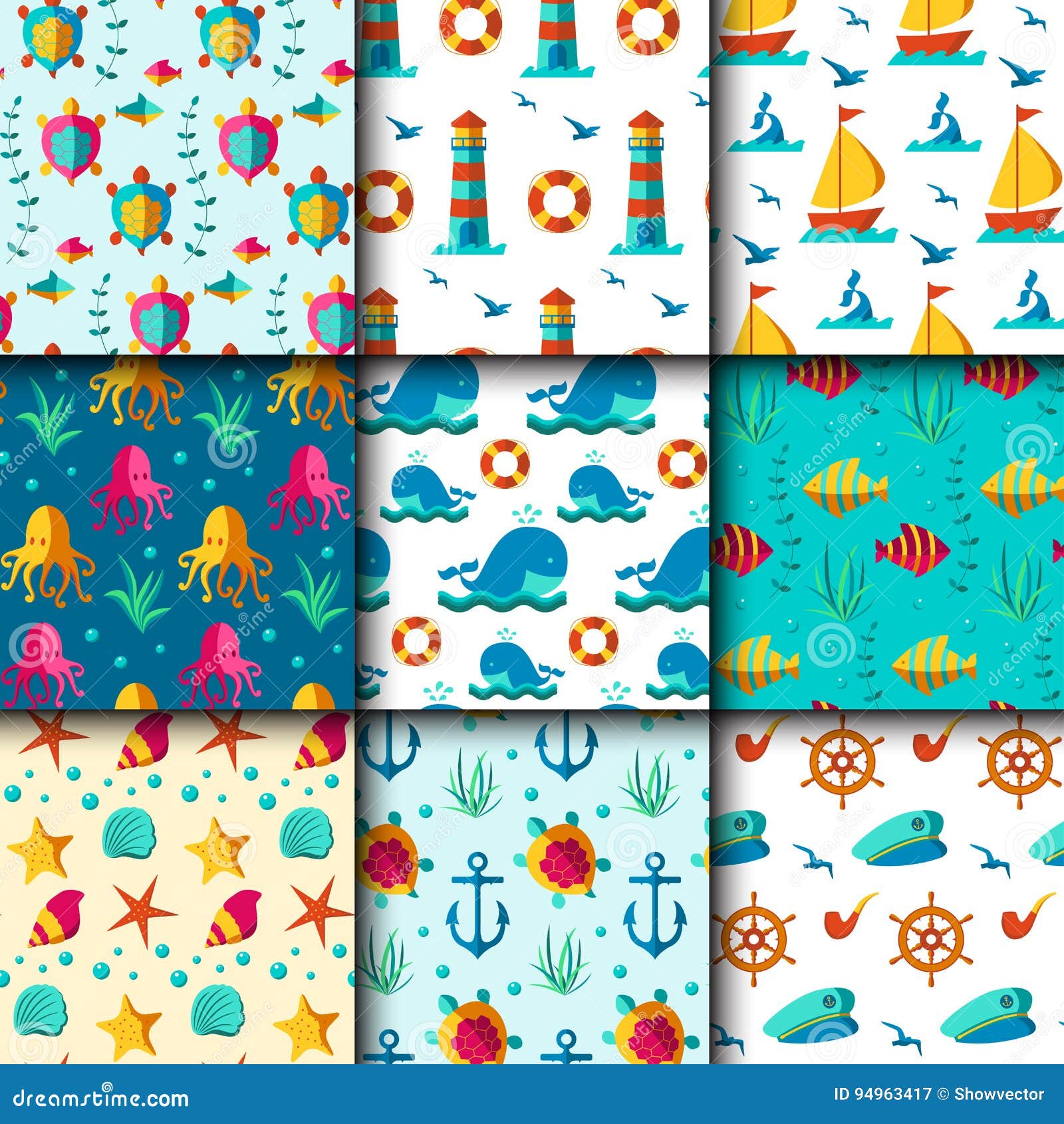 Seamless Vector Patterns with Nautical Elements Wave Marine Collection Paper Sea Background ...
