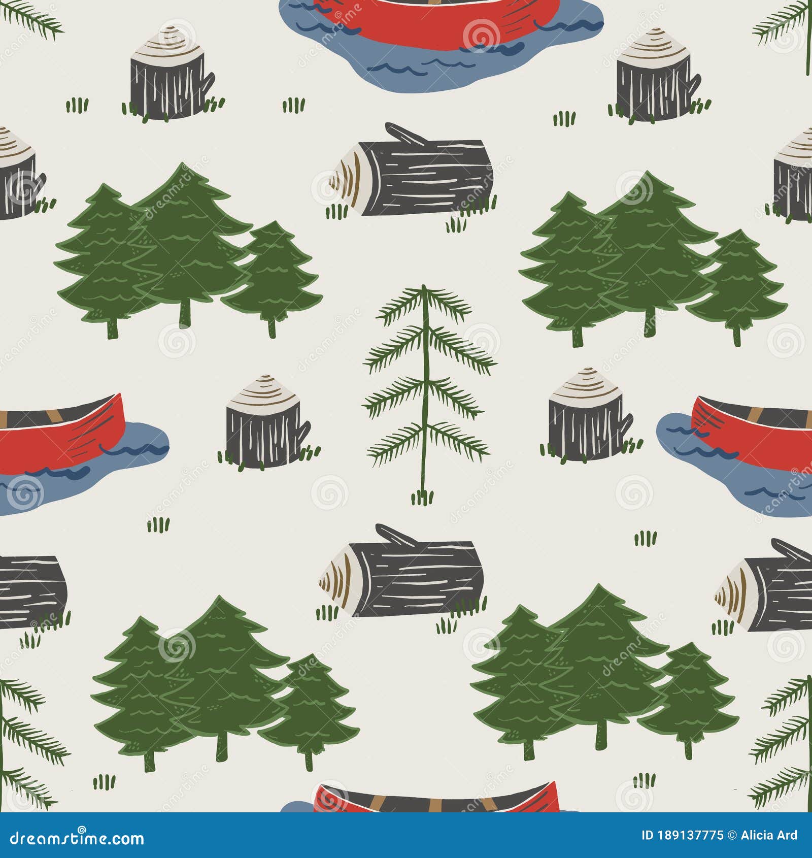 Seamless Vector Repeat Pattern of Day by the Lake with Canoe, Logs, and ...