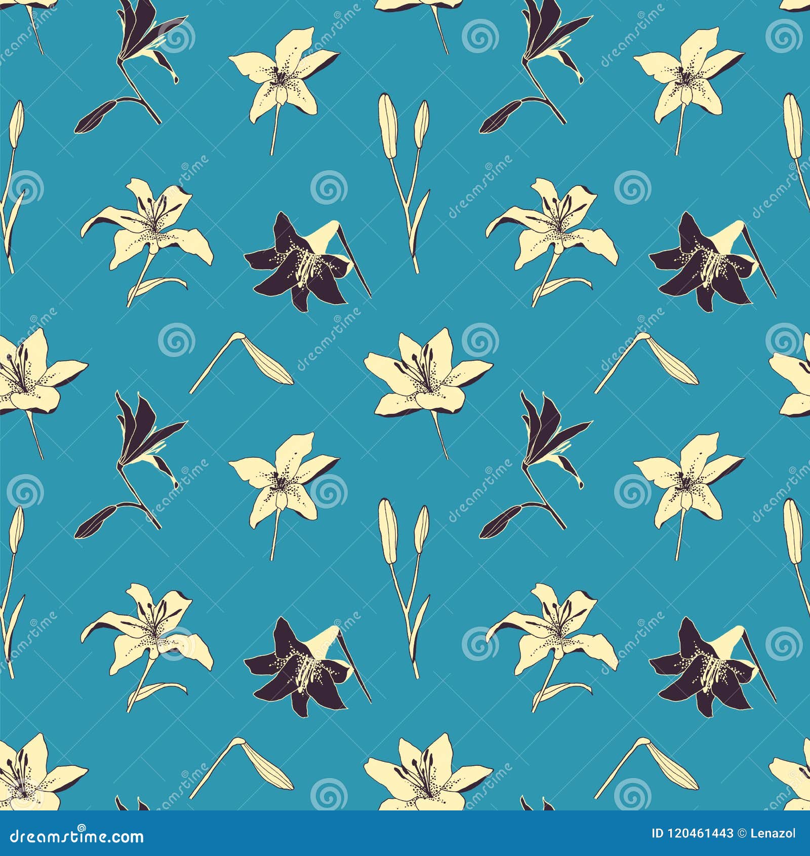 Seamless Vector Retro Pattern with Hand Drawn Lily Flowers. Design for ...