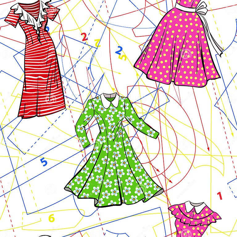 Seamless Vector Sewing Pattern with Paper Patterns and Sketches of ...