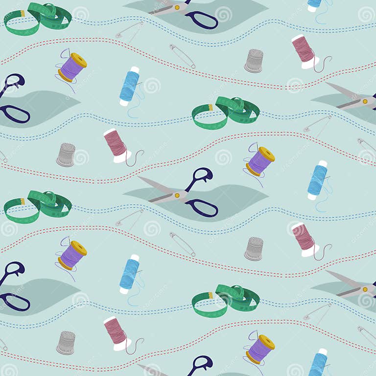 Seamless Vector Sewing Pattern With Paper Patterns And Sewing Tools