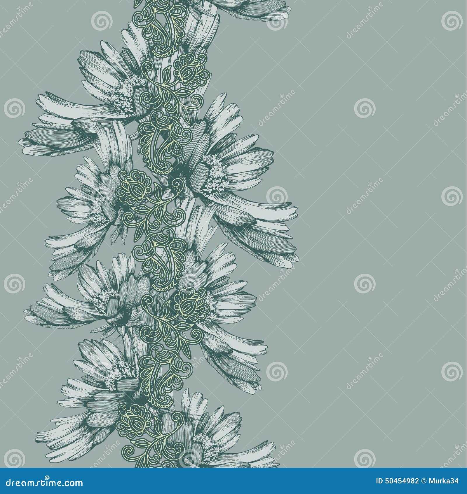Seamless Vertical Pattern of Decorative Flowers Hand-drawing. Vector ...